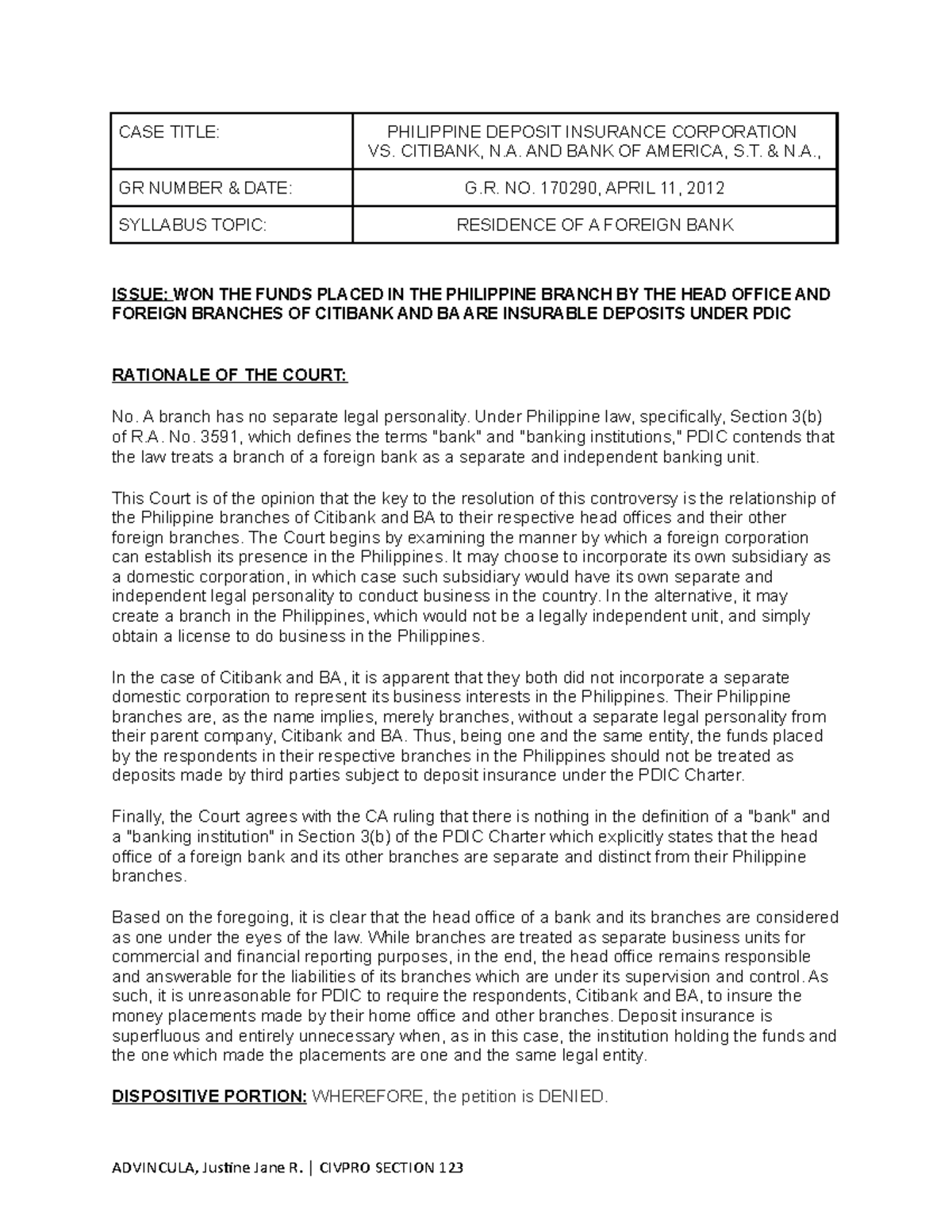 PDIC v. Citibank and BA - CASE TITLE: PHILIPPINE DEPOSIT INSURANCE ...