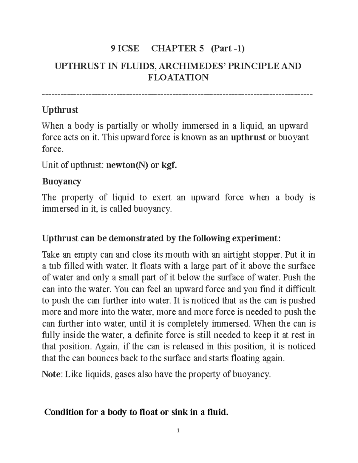 Upthrust IN Fluids, Archimedes’ Principle AND Floatation - 9 ICSE CHAPTER 5 (Part -1) UPTHRUST ...