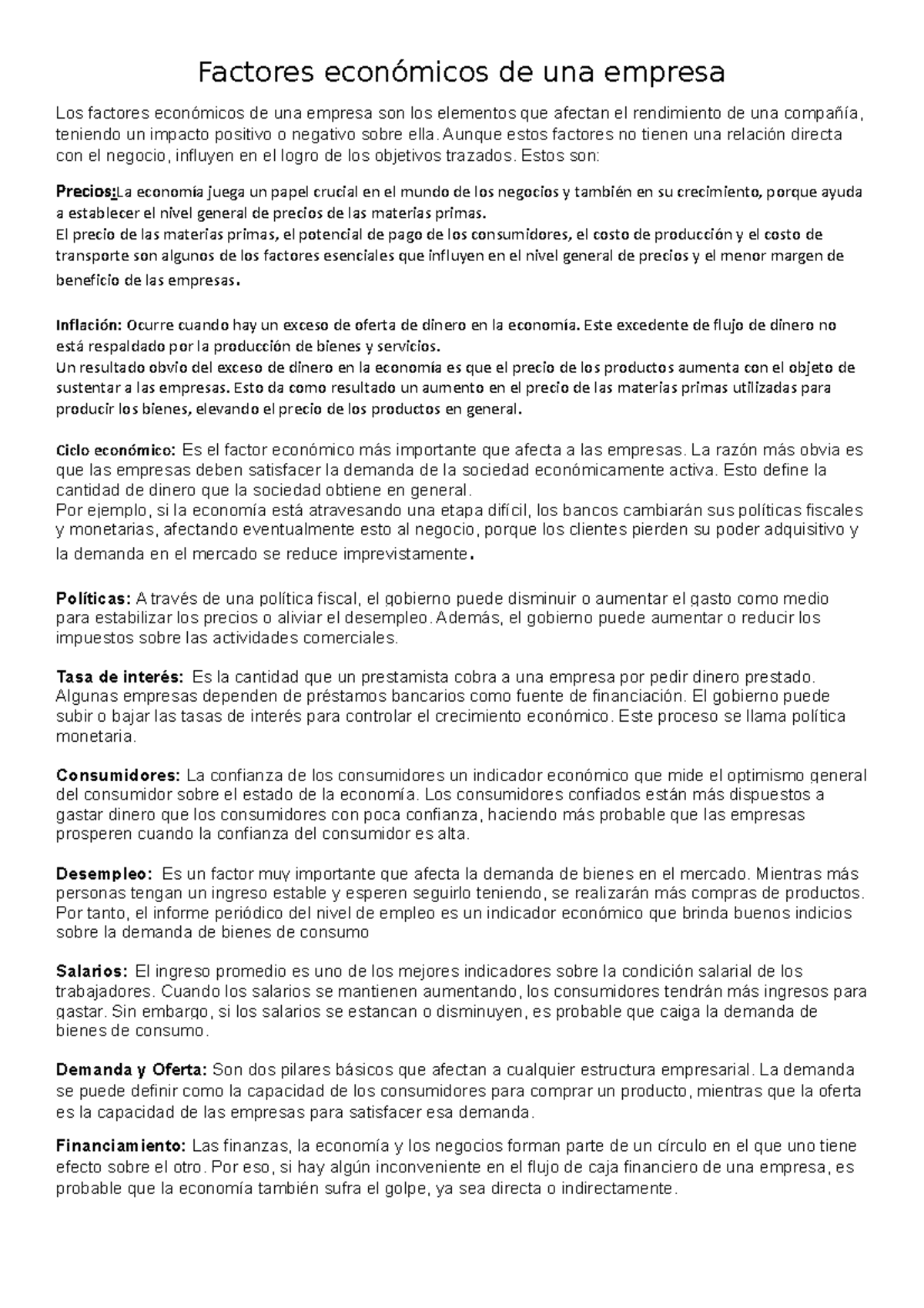 Elementos economicos - notas - Factores económicos de una empresa Los factores económicos de una ...