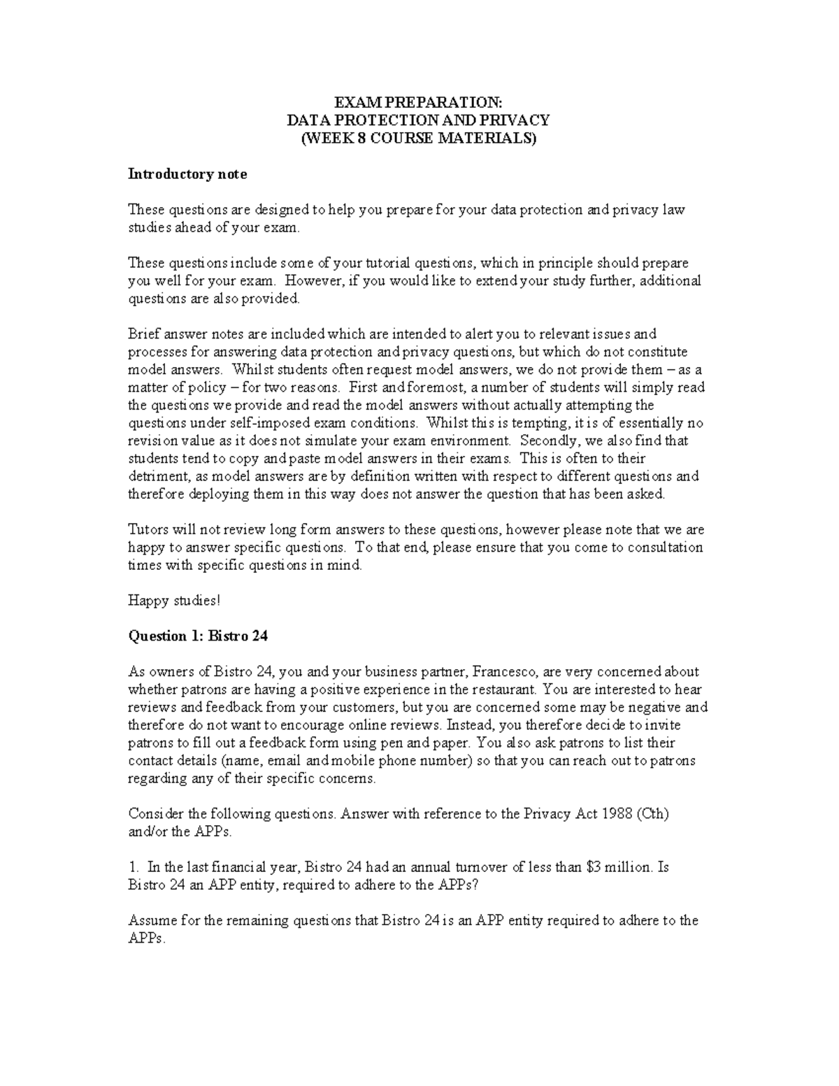 Exam preparation - data protection and privacy (week 8) - EXAM ...