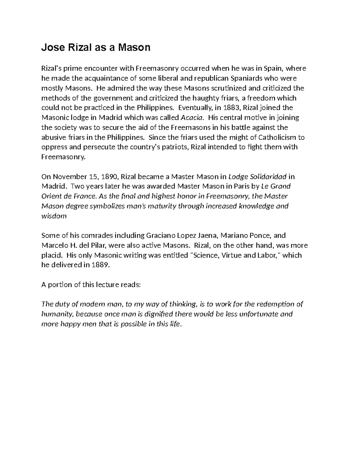 Jose Rizal as a Mason - notes - Jose Rizal as a Mason Rizal's prime ...