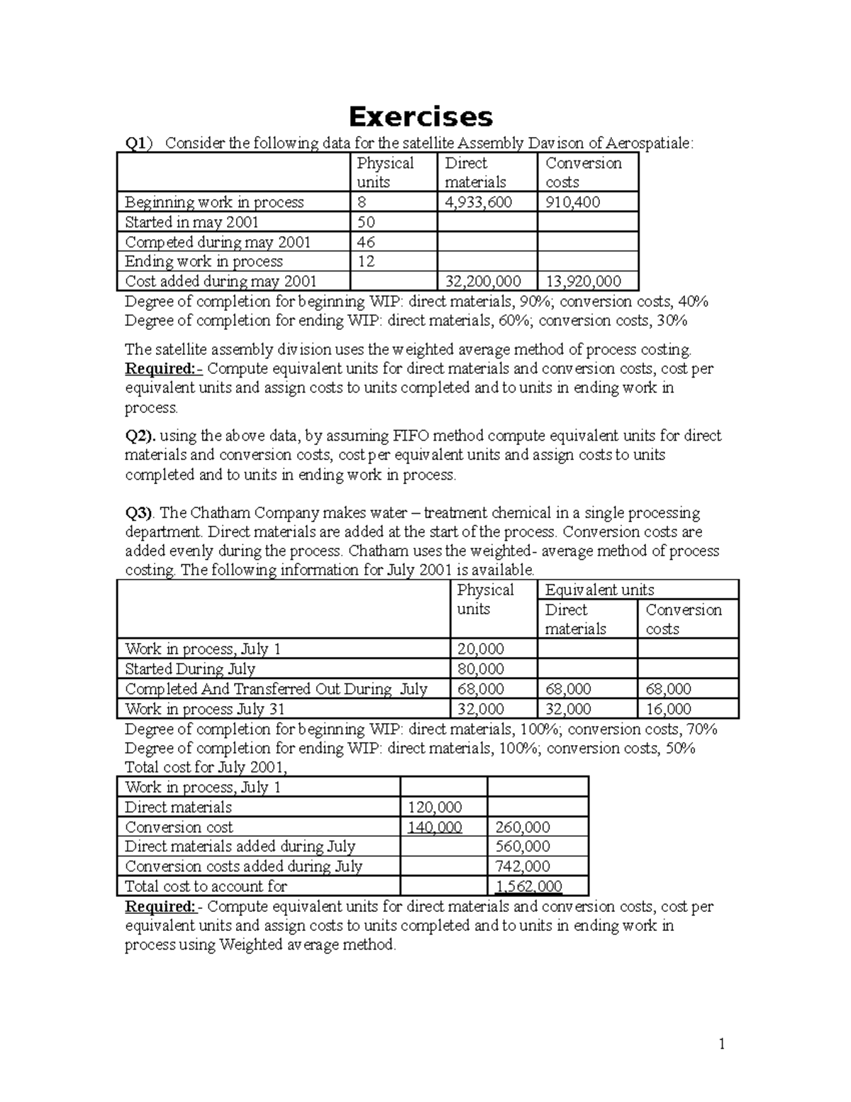 Exercise in Process Costing - Exercises Q1 ) Consider the following ...