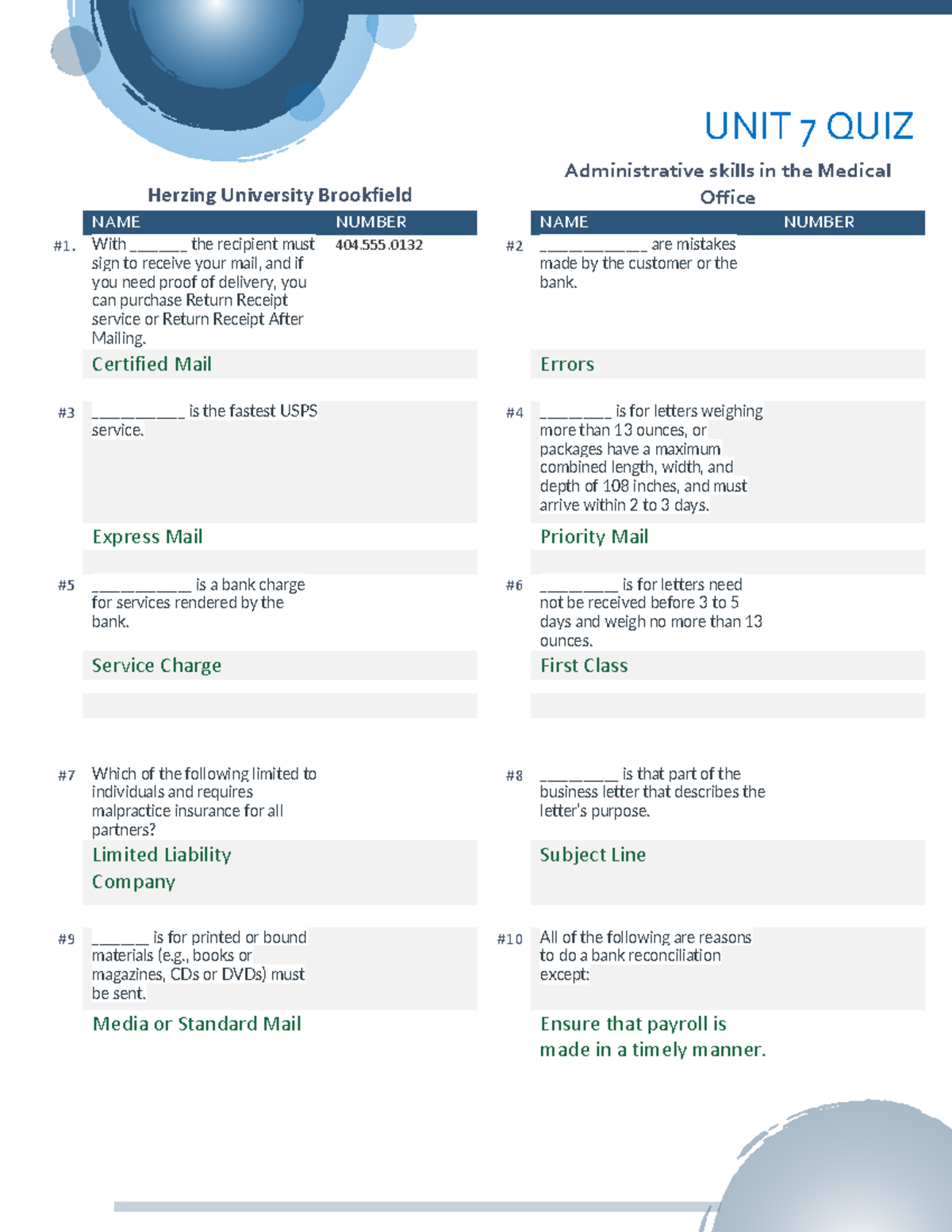 Unit 7 Quiz - MO180 Adminstrative Skills in the Medical Office - UNIT 7 ...