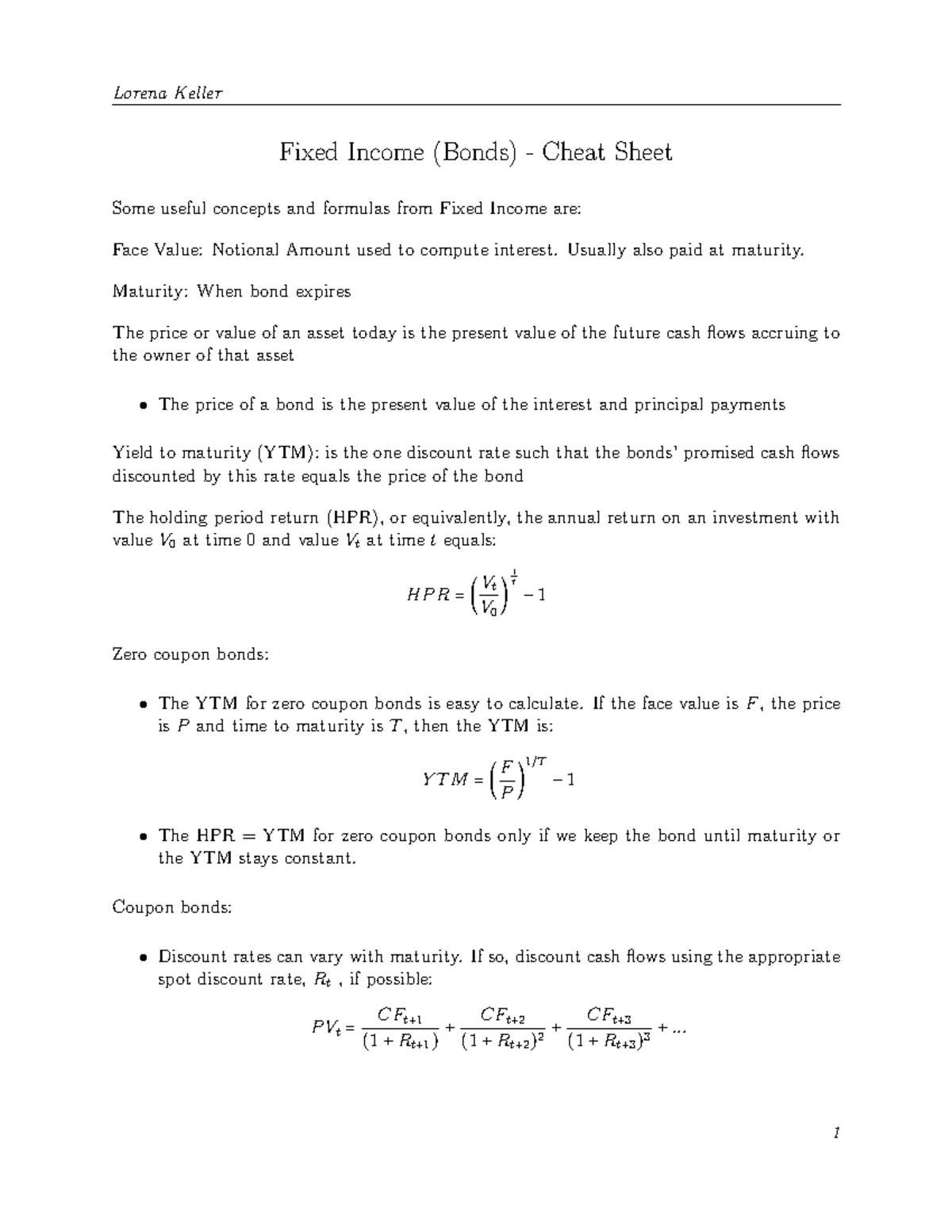 Bonds Keller Cheat Sheet - Lorena Keller Fixed Income (Bonds) - Cheat Sheet Some useful concepts ...