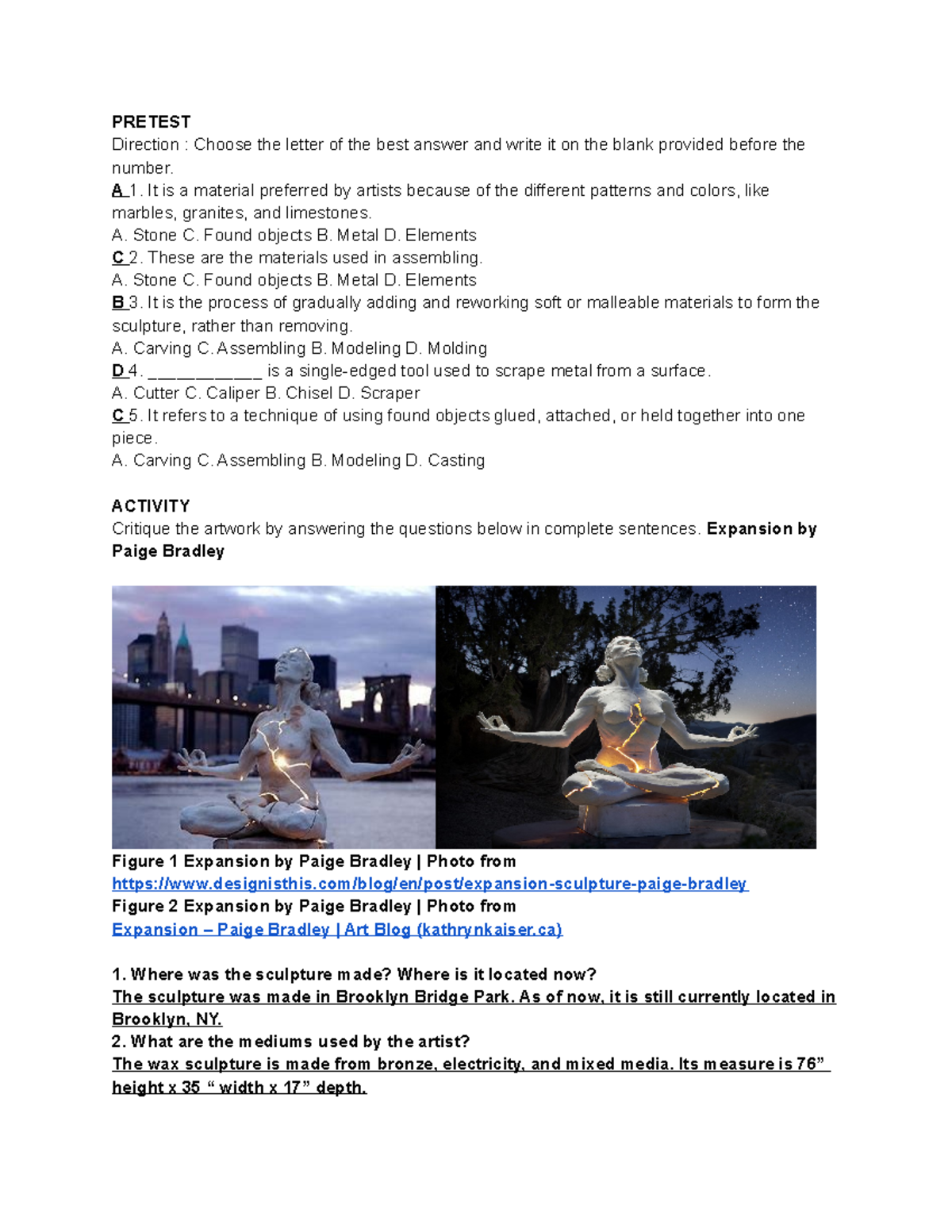 CPAR 12 Module 4 Sculpture - PRETEST Direction : Choose the letter of ...