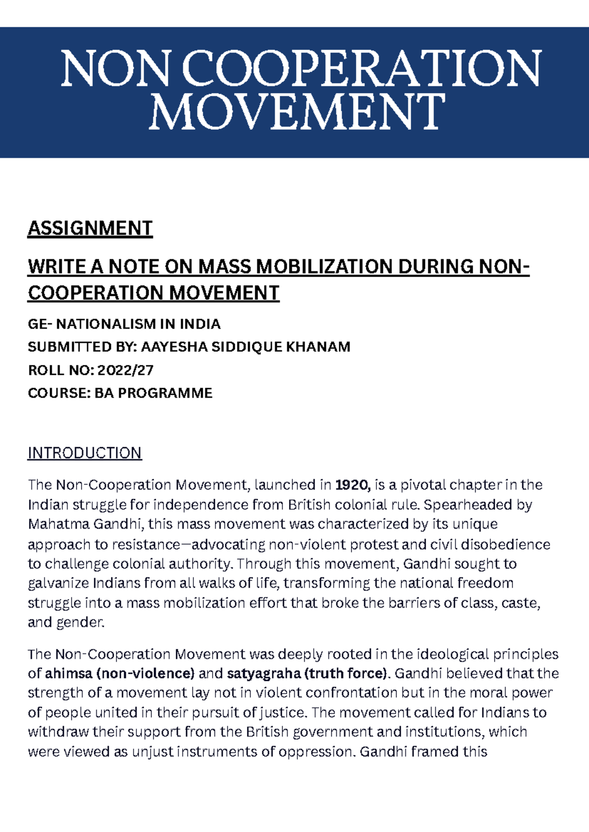 Ge assignment - non cooperation movement - ASSIGNMENT WRITE A NOTE ON ...