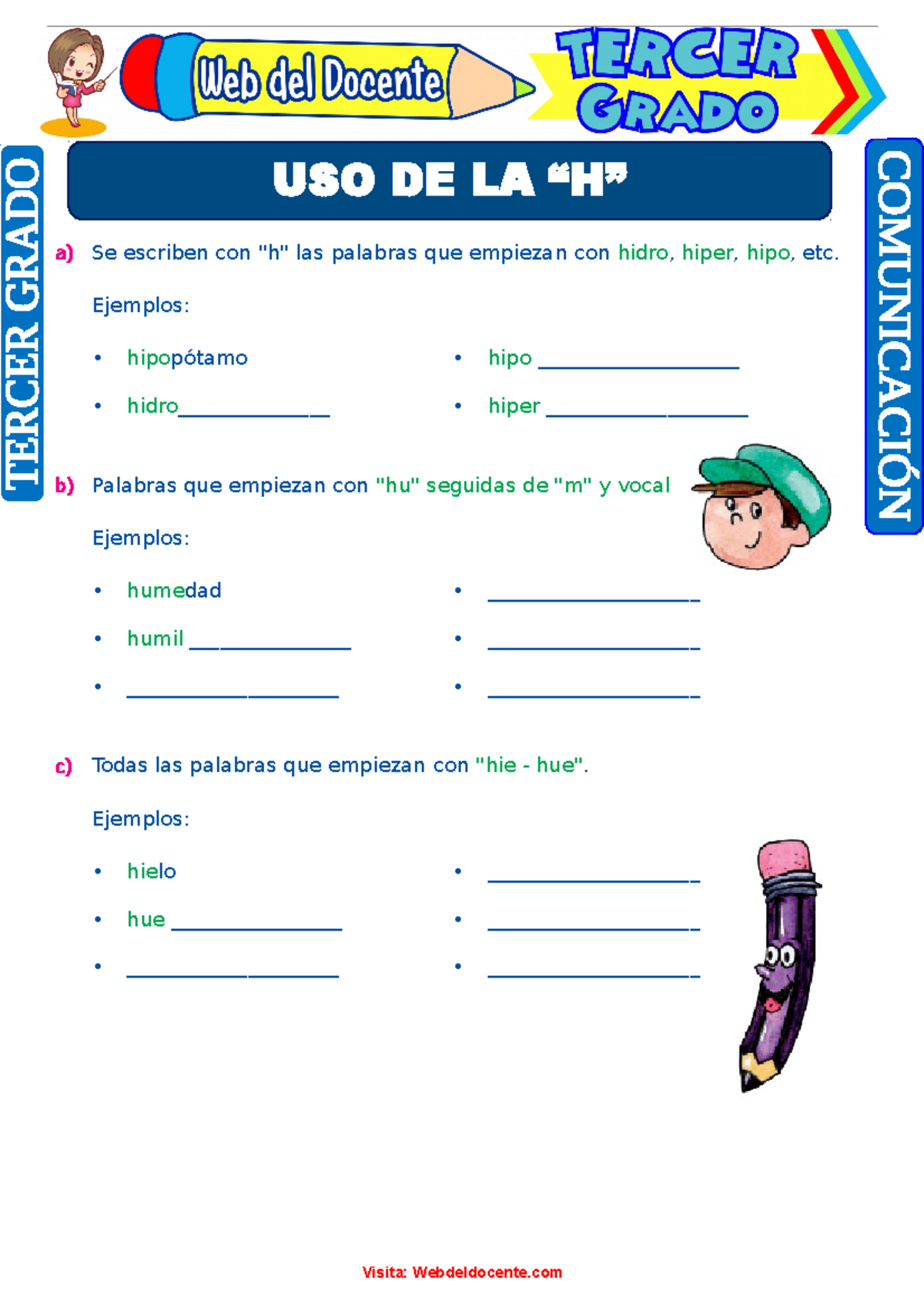 Uso de la H para Tercer Grado de Primaria - Comunicación a) Se escriben ...