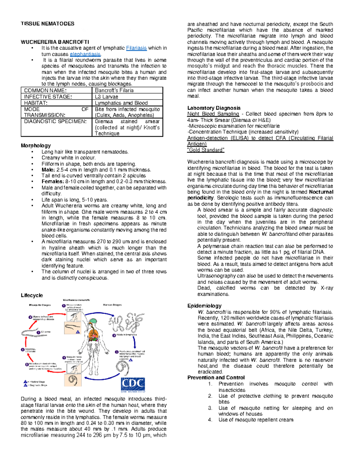 Parasitology Lecture Tissue Parasite- Nematodes - Summary Notes ...