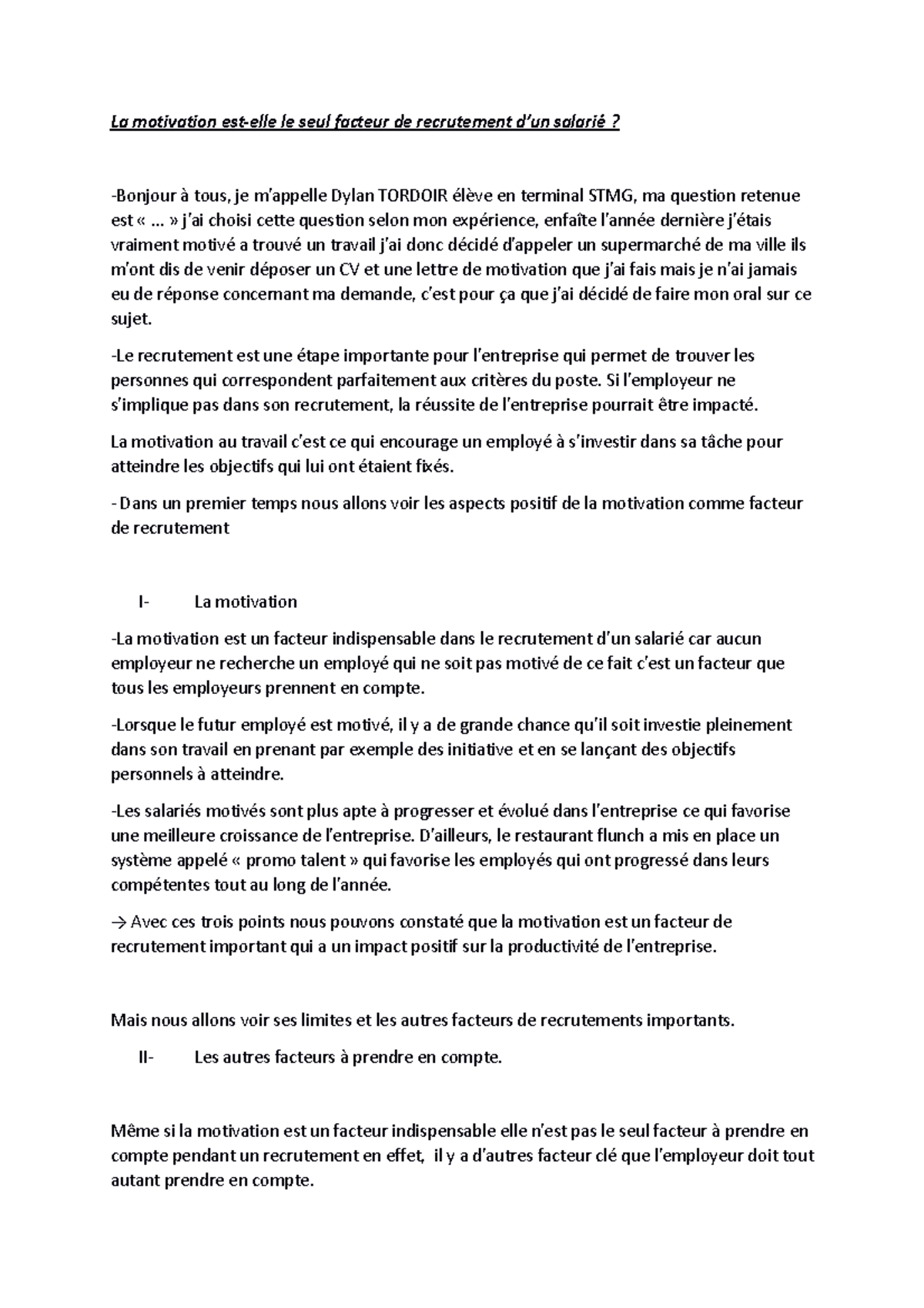Grand oral gestion finance - La motivation est-elle le seul facteur de recrutement d’un salarié ...