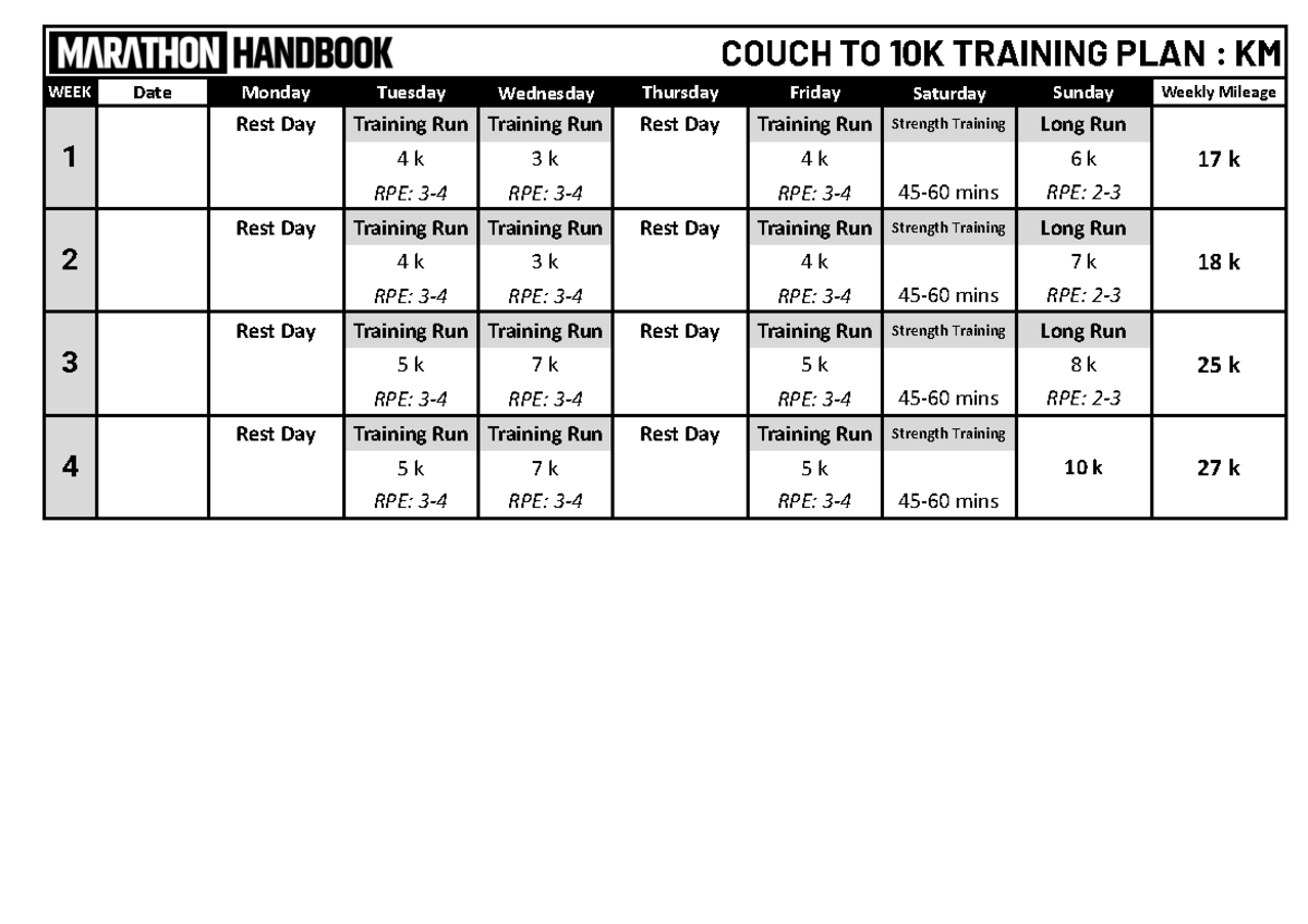 5k to 10k Training Plan KM - COUCH TO 10K TRAINING PLAN : KM WEEK Date Monday Tuesday Wednesday ...