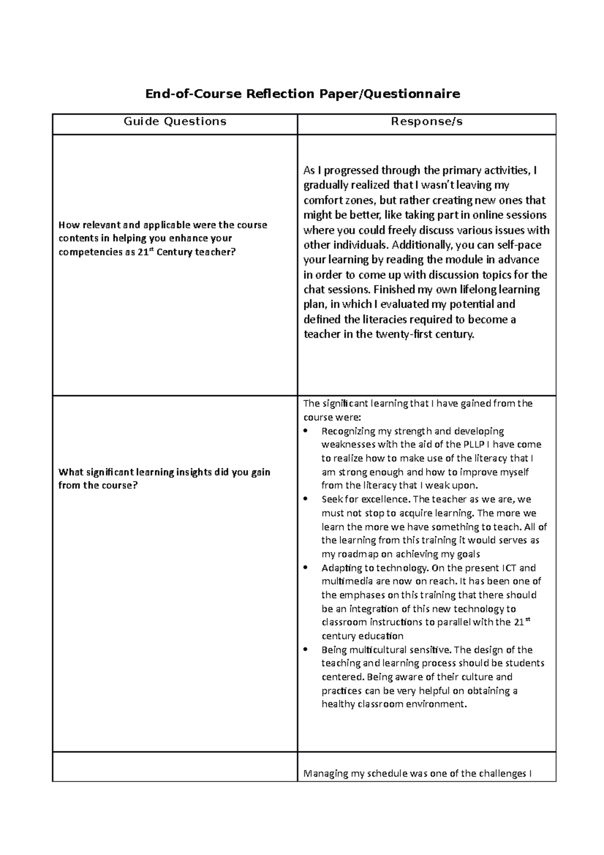 GURO Reflection - notes - End-of-Course Reflection Paper/Questionnaire ...