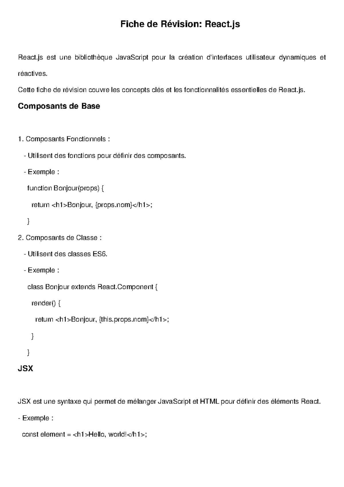 Fiche Revision React JS - Fiche de Révision: React React est une bibliothèque JavaScript pour la ...