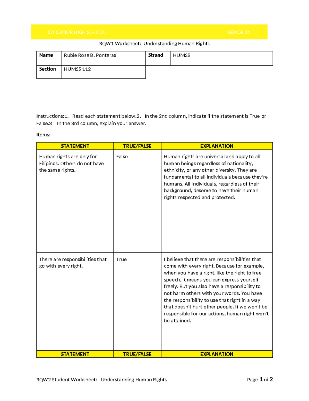 G113QW2 Worksheet - Understanding Human Rights - 3QW1 Worksheet ...