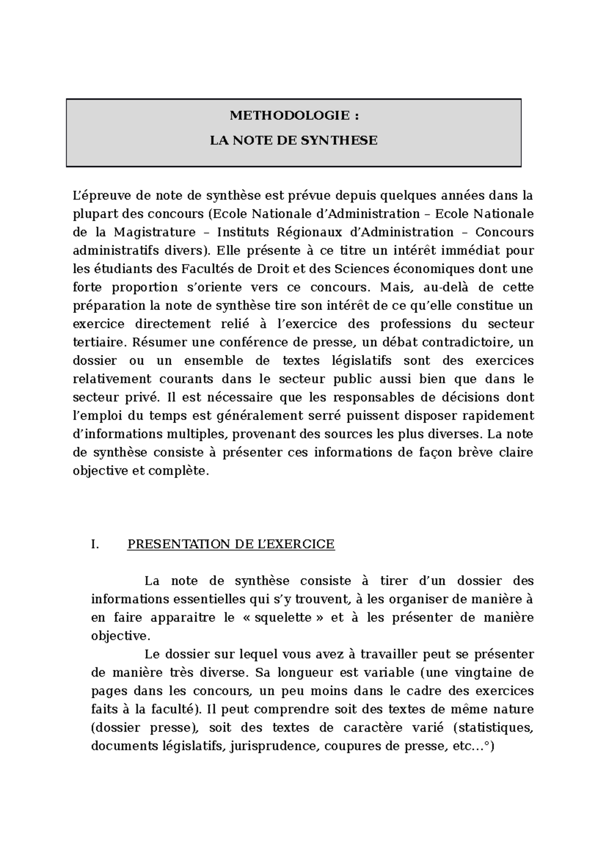 Méthode note de synthèse - METHODOLOGIE : LA NOTE DE SYNTHESE L’épreuve ...