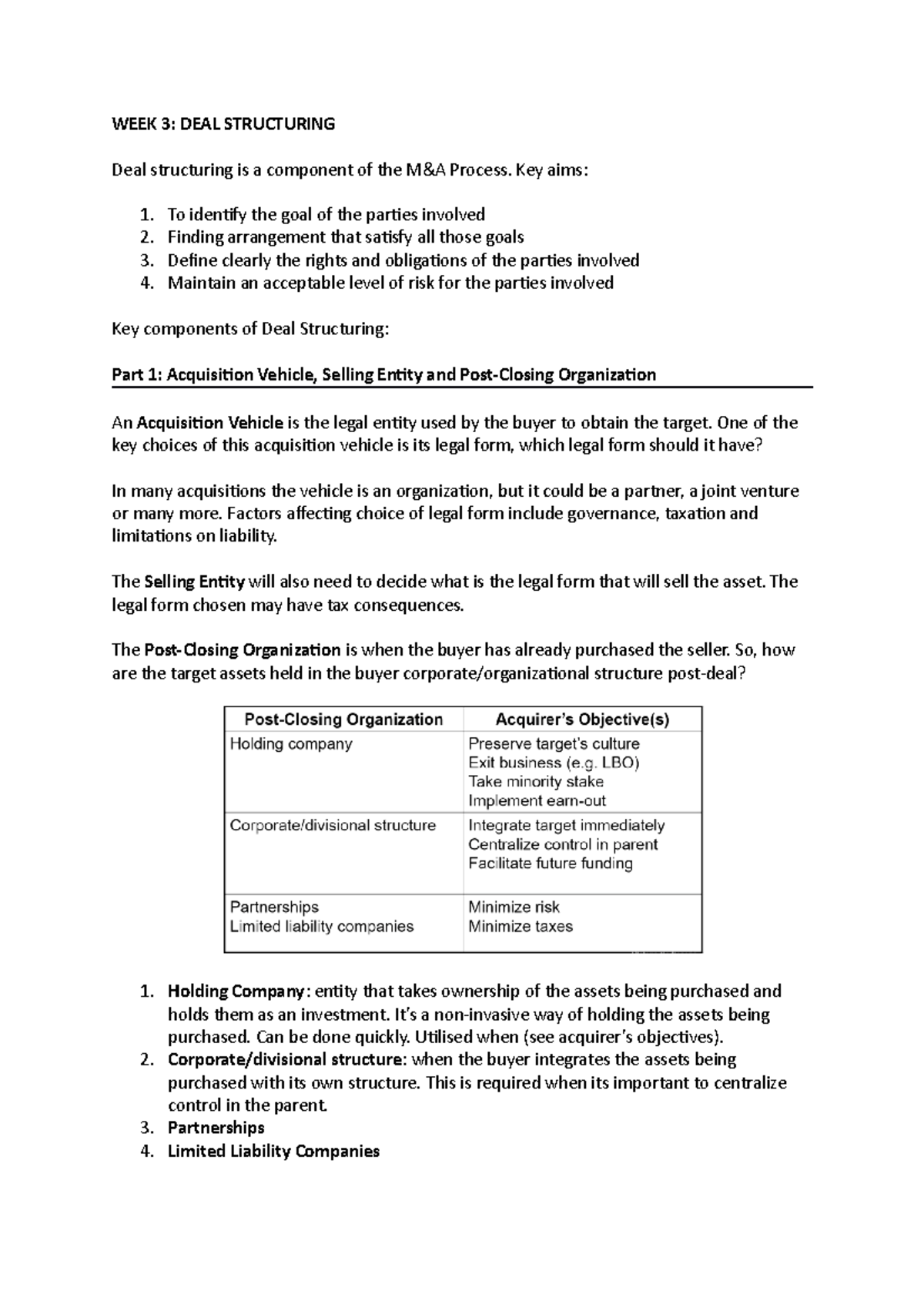 WEEK 3 - Deal Structuring - WEEK 3: DEAL STRUCTURING Deal structuring ...