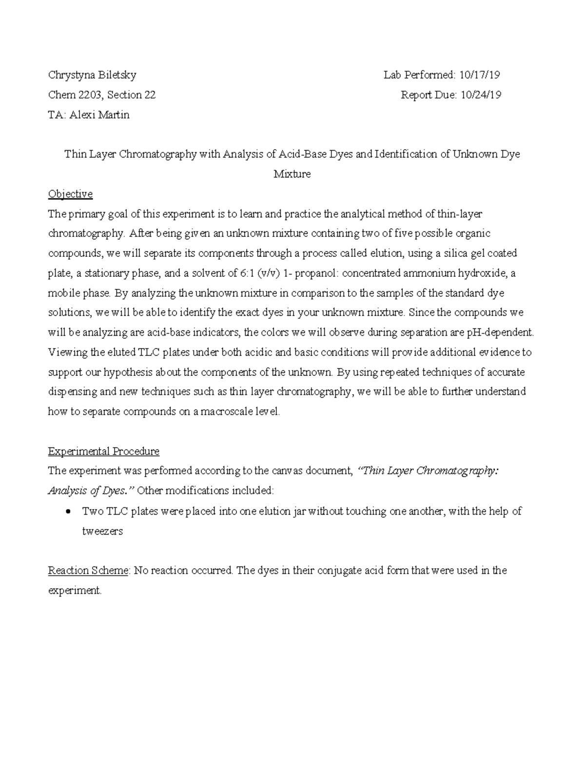 Lab Report 7- Thin Layer Chromatography - Chrystyna Biletsky Lab ...