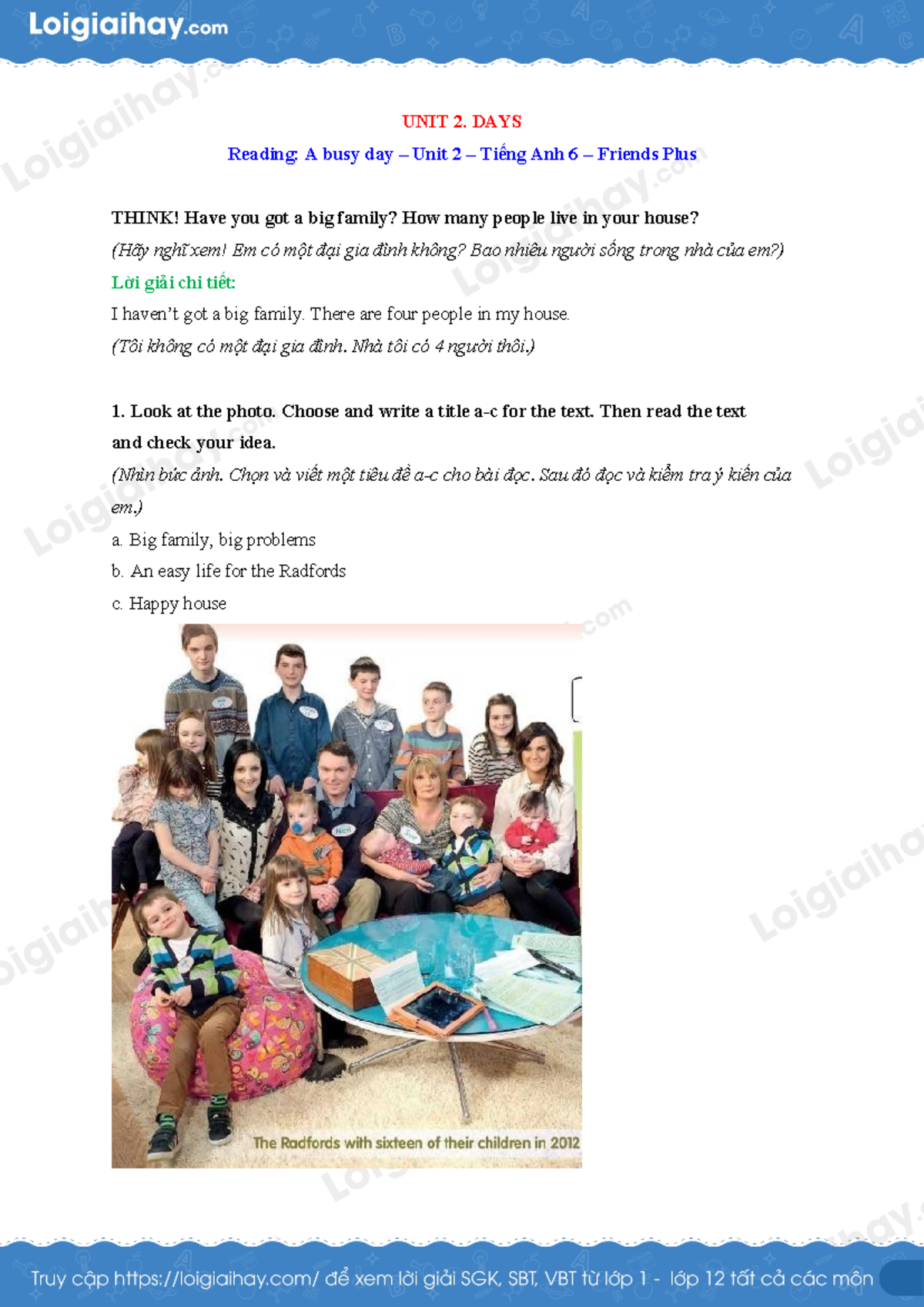 Fp-87599 - classnote - UNIT 2. DAYS Reading: A busy day – Unit 2 ...