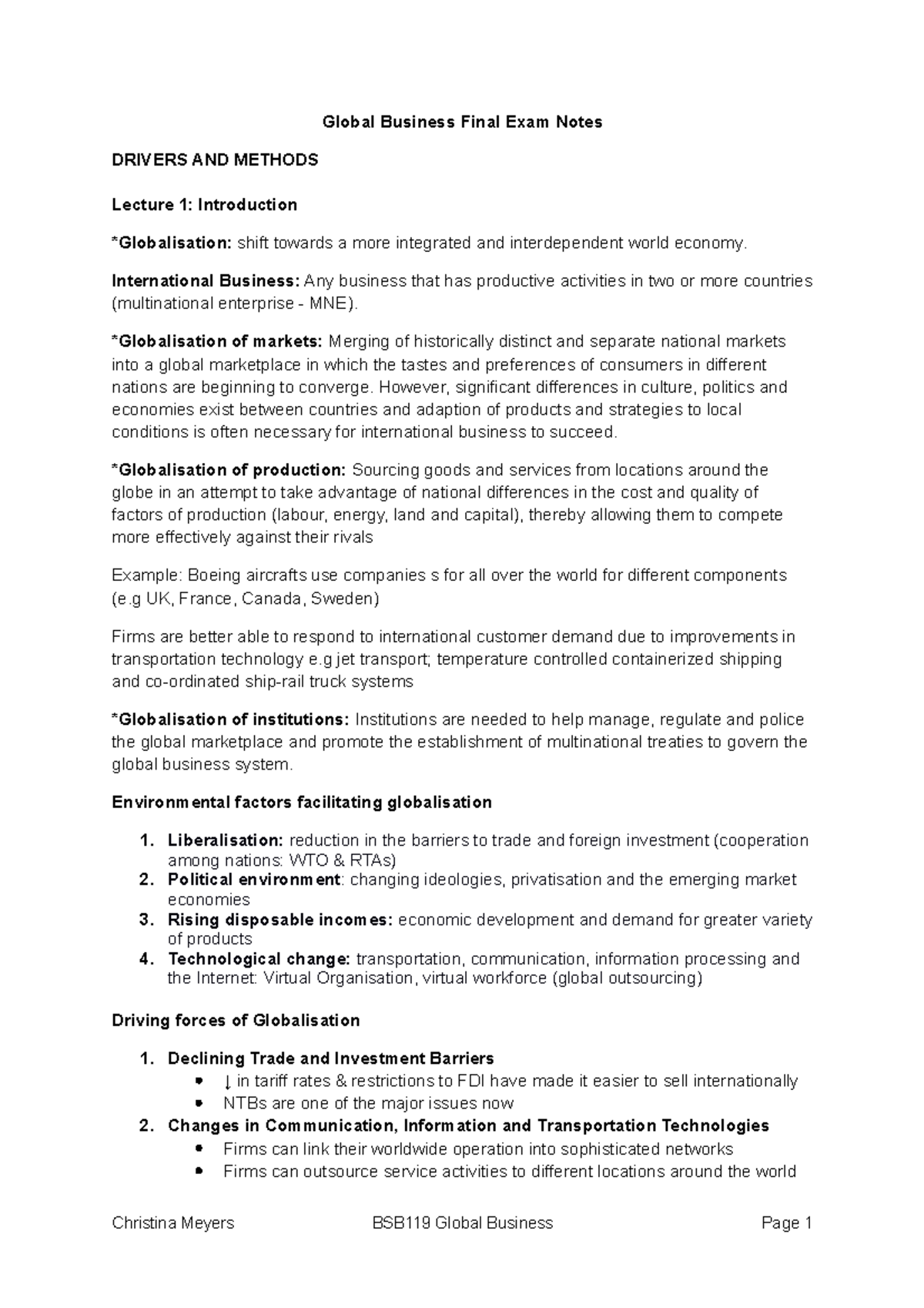 Final Exam Notes Summary of Lectures 1 to 12 1 - Global Business Final ...
