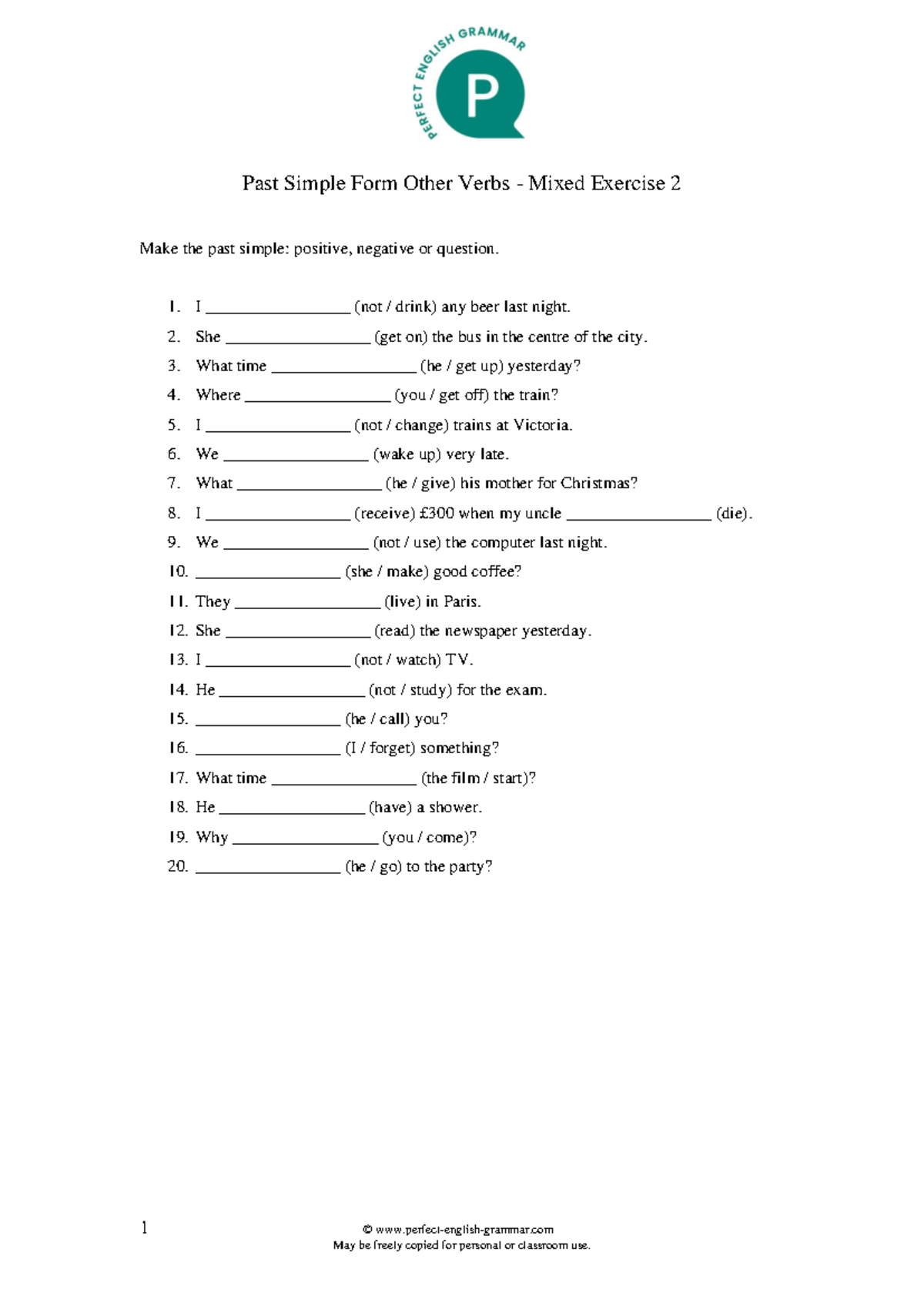 Past simple form with other verbs mixed exercise 2 - 1 © perfect ...