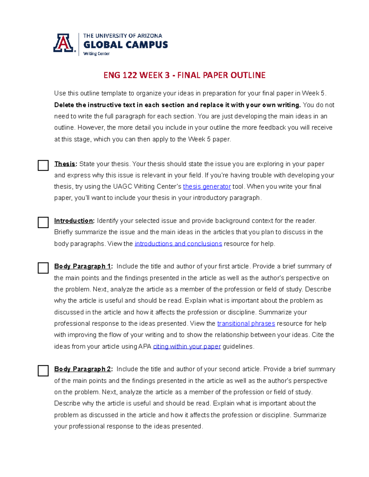 Week 3 Outline Template - ENG 122 WEEK 3 - FINAL PAPER OUTLINE Use this ...