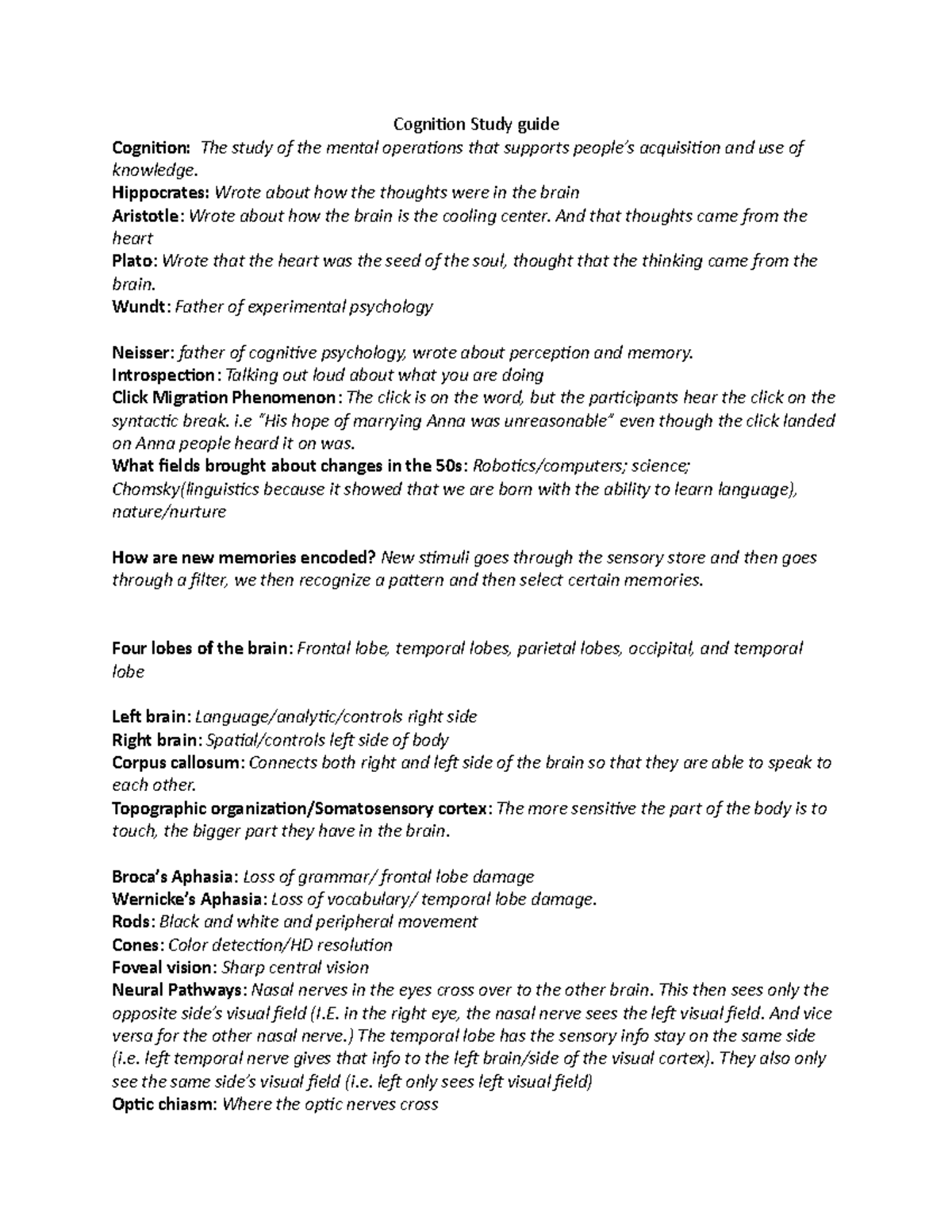 Cognition Study guide 1 - Cognition Study guide Cognition: The study of ...