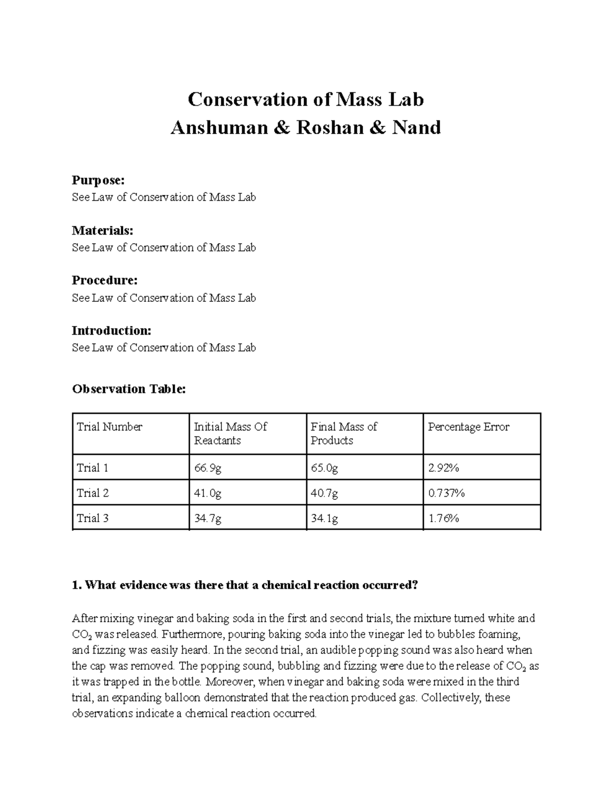 Mass of Conservaton (SNC2D9) - Conservation of Mass Lab Anshuman ...