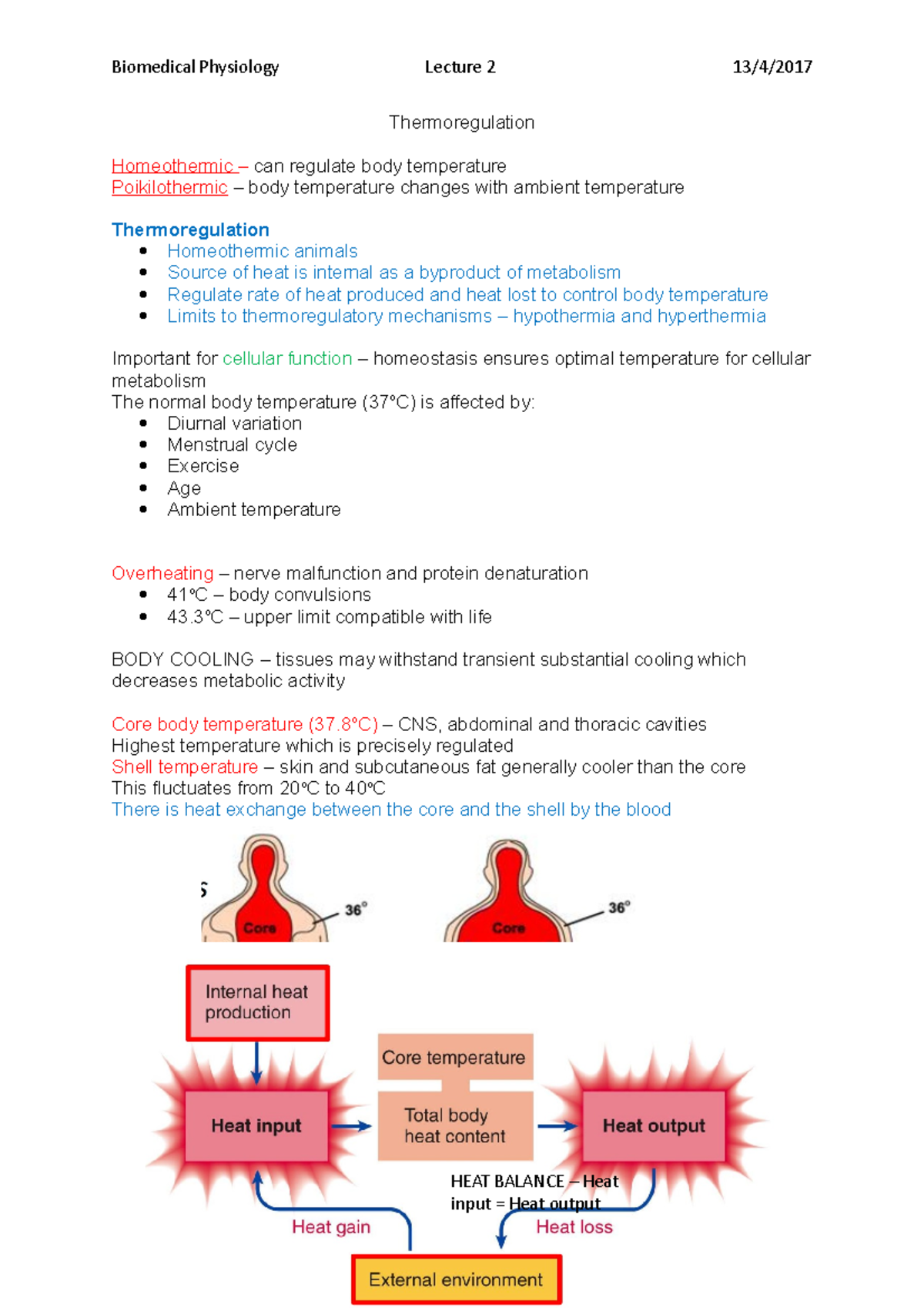 Thermoregulation - Lecture notes 2 - Biomedical Physiology Lecture 2 13 ...