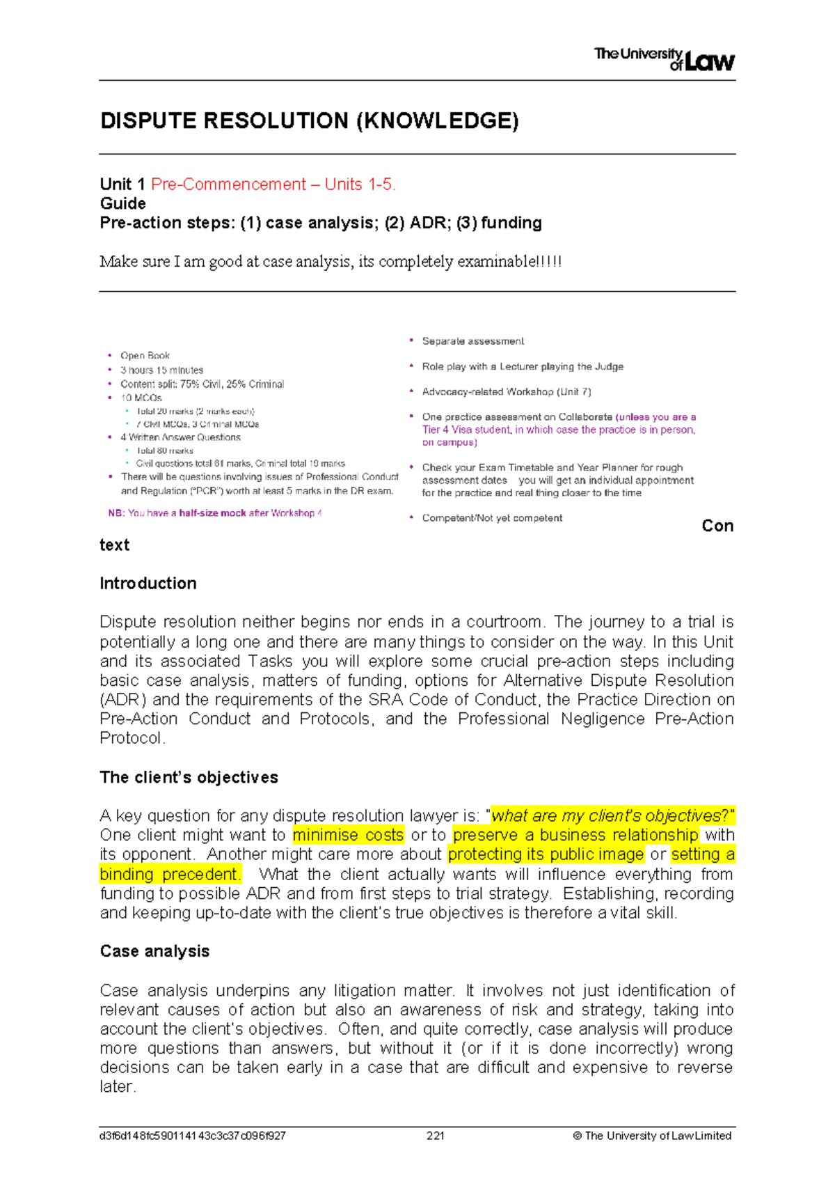 Dispute resolution WS1 guide docx - DISPUTE RESOLUTION (KNOWLEDGE) Unit 1 Pre-Commencement ...