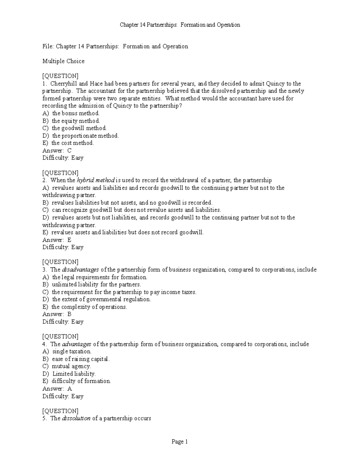 Pdfcoffee - LECTURE NOTES - File: Chapter 14 Partnerships: Formation ...