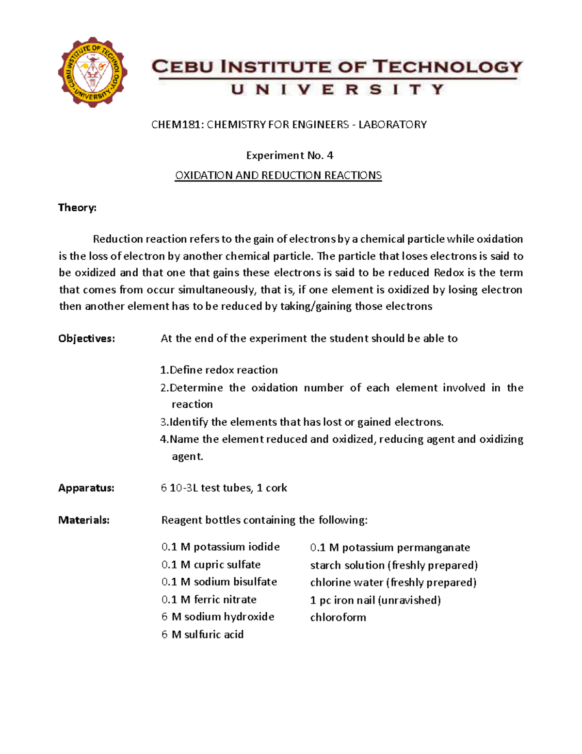 Laboratory Experiment No. 4 Oxidation AND Reduction Reactions - CHEM181 ...