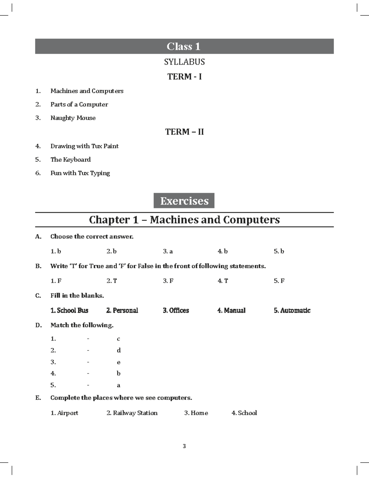 Class 1 KEY - ANSWER KEY - 3 Class 1 SYLLABUS TERM - I 1. Machines and ...