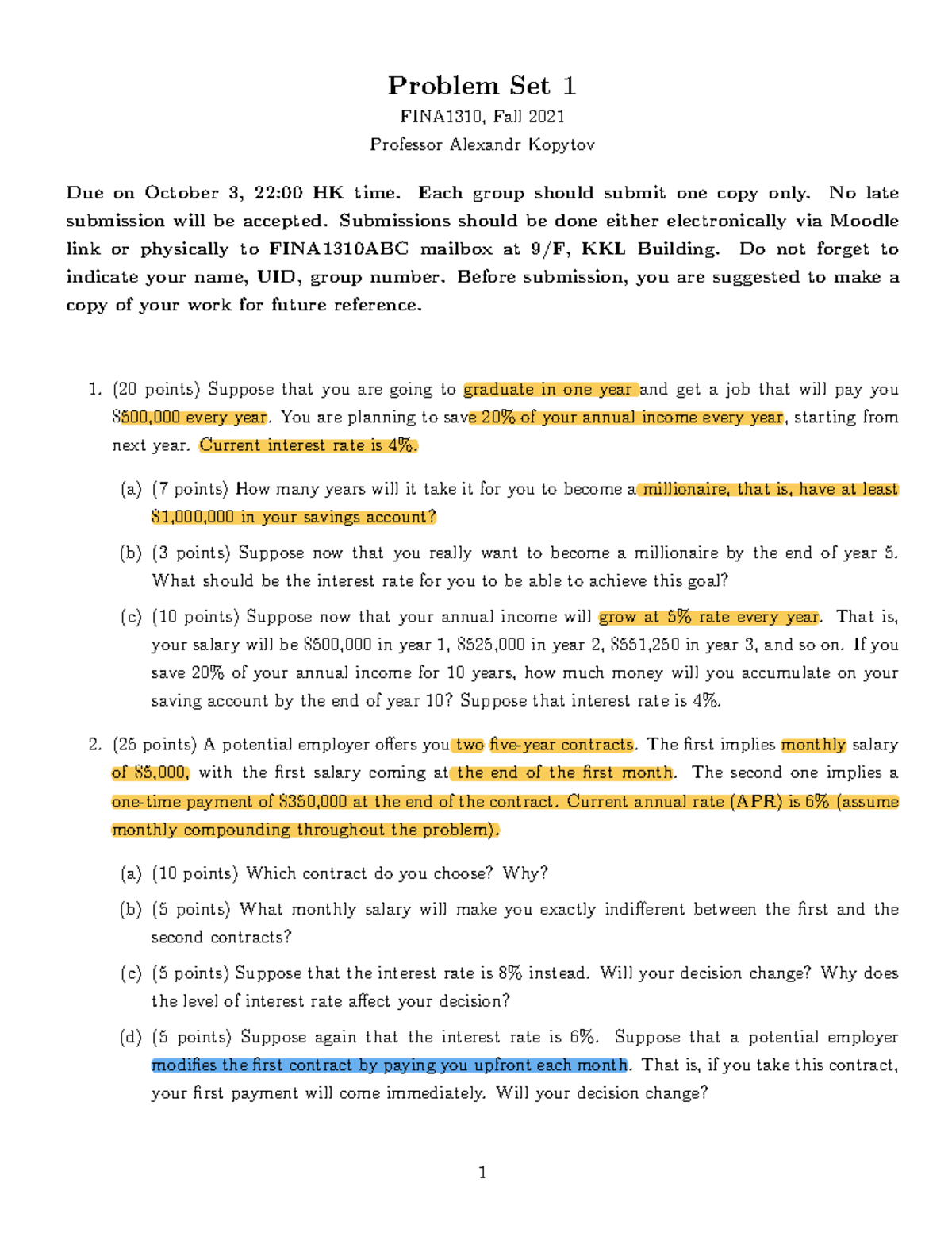 HA1 Clarified - ANSWER TO tutorial 1 questions - Problem Set 1 FINA1310 ...