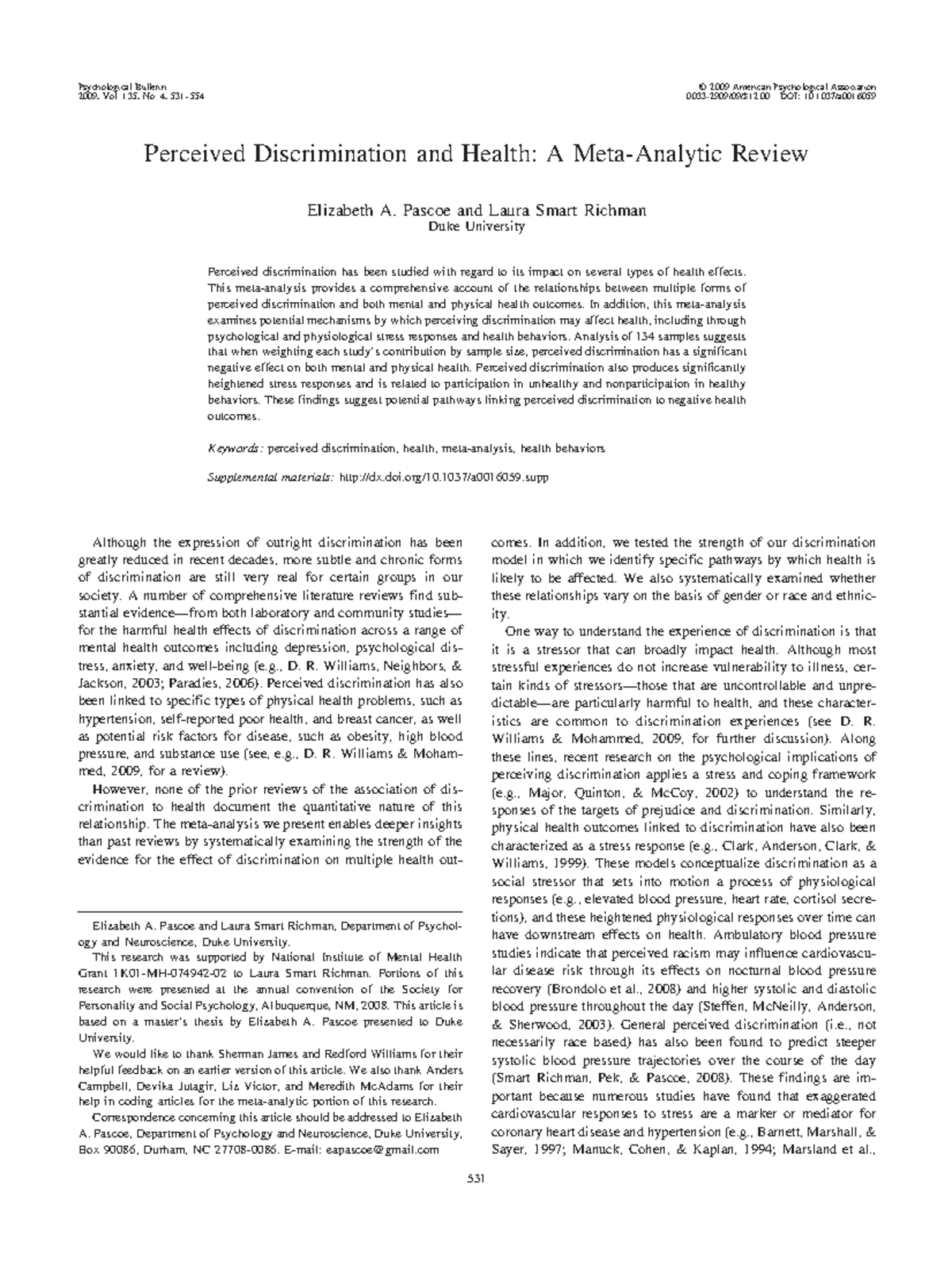 PSYC Reading Meta analysis - Perceived Discrimination and Health: A ...