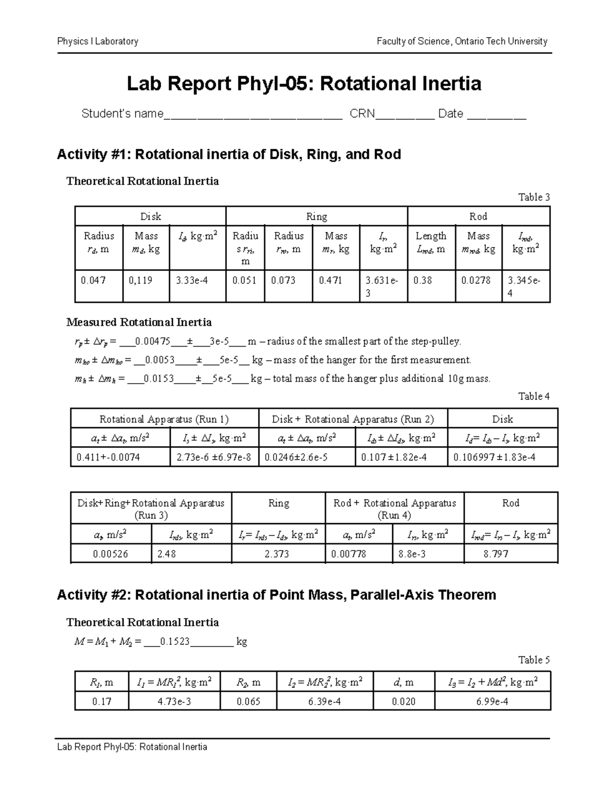 Rotational Inertia Report - Physics I Laboratory Faculty of Science ...