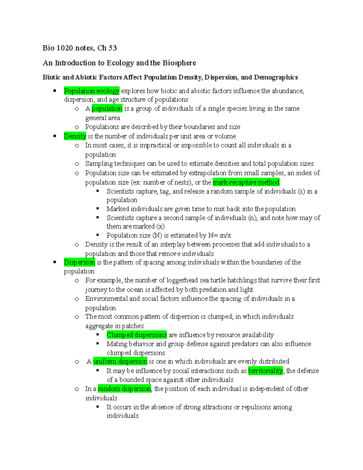 BIO 1020 Ch 53 notes - Dr. Meghan Kelley - Bio 1020 notes, Ch 53 An ...