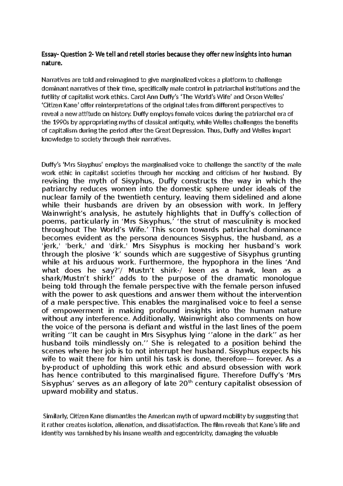 Duffy and Citizen Kane Essay - Essay- Question 2- We tell and retell ...