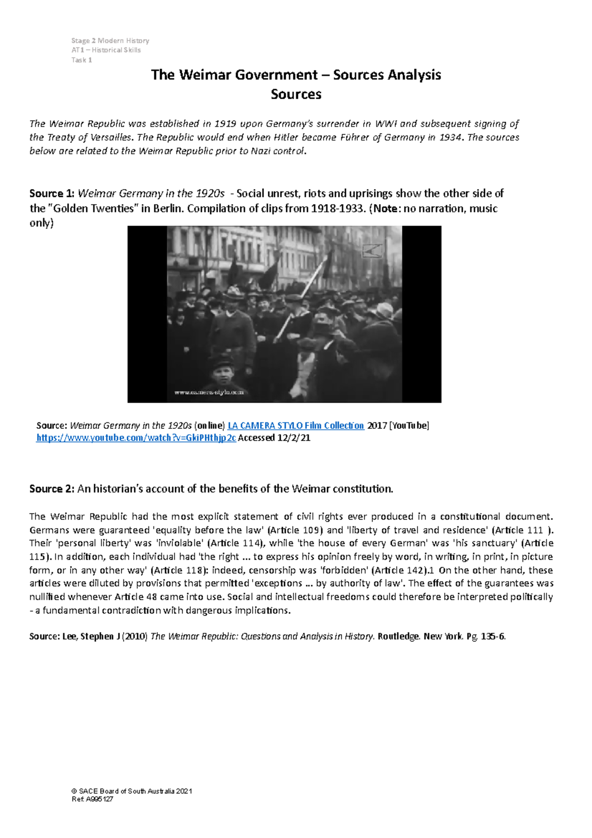 Topic 3 - Germany - The Weimar Government - Sources Analysis Sheet ...