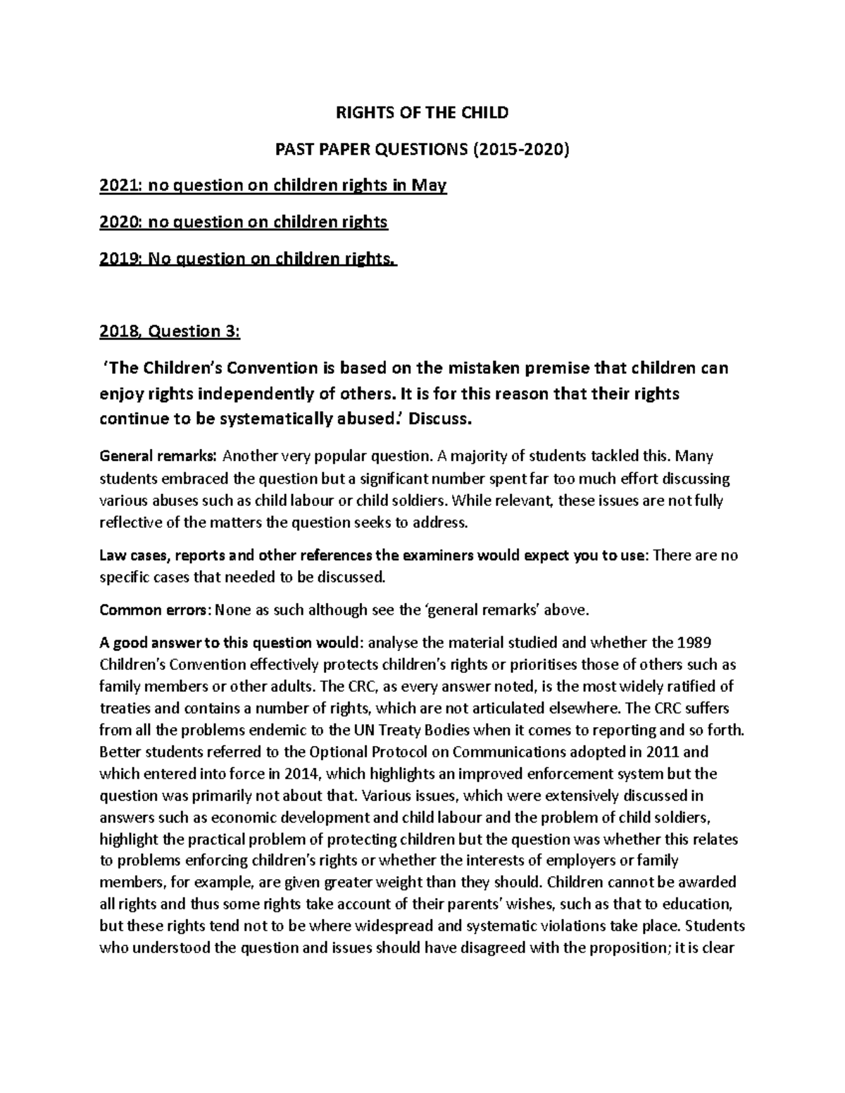 Child Questions - RIGHTS OF THE CHILD PAST PAPER QUESTIONS (2015-2020 ...