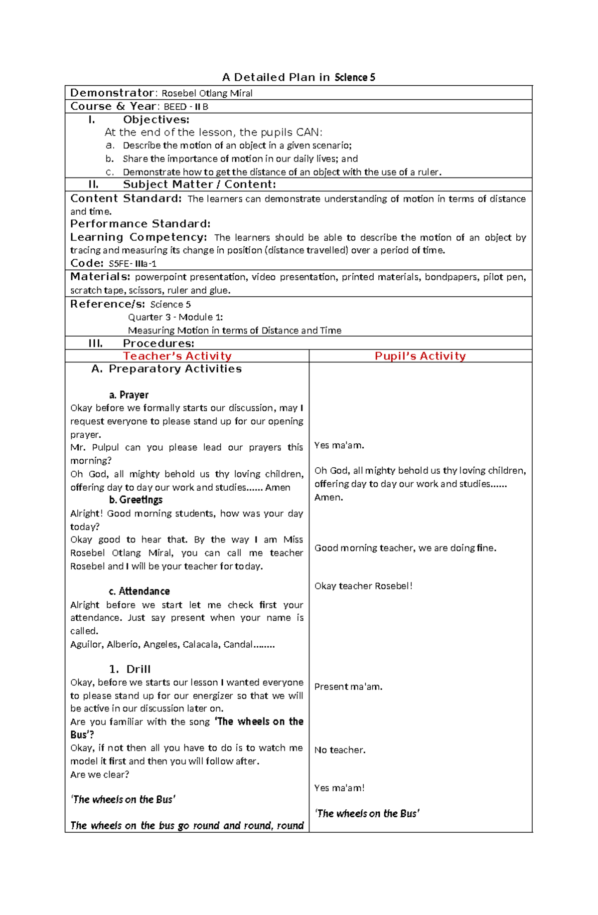 Force and Motion Lesson Plan - A Detailed Plan in Science 5 ...