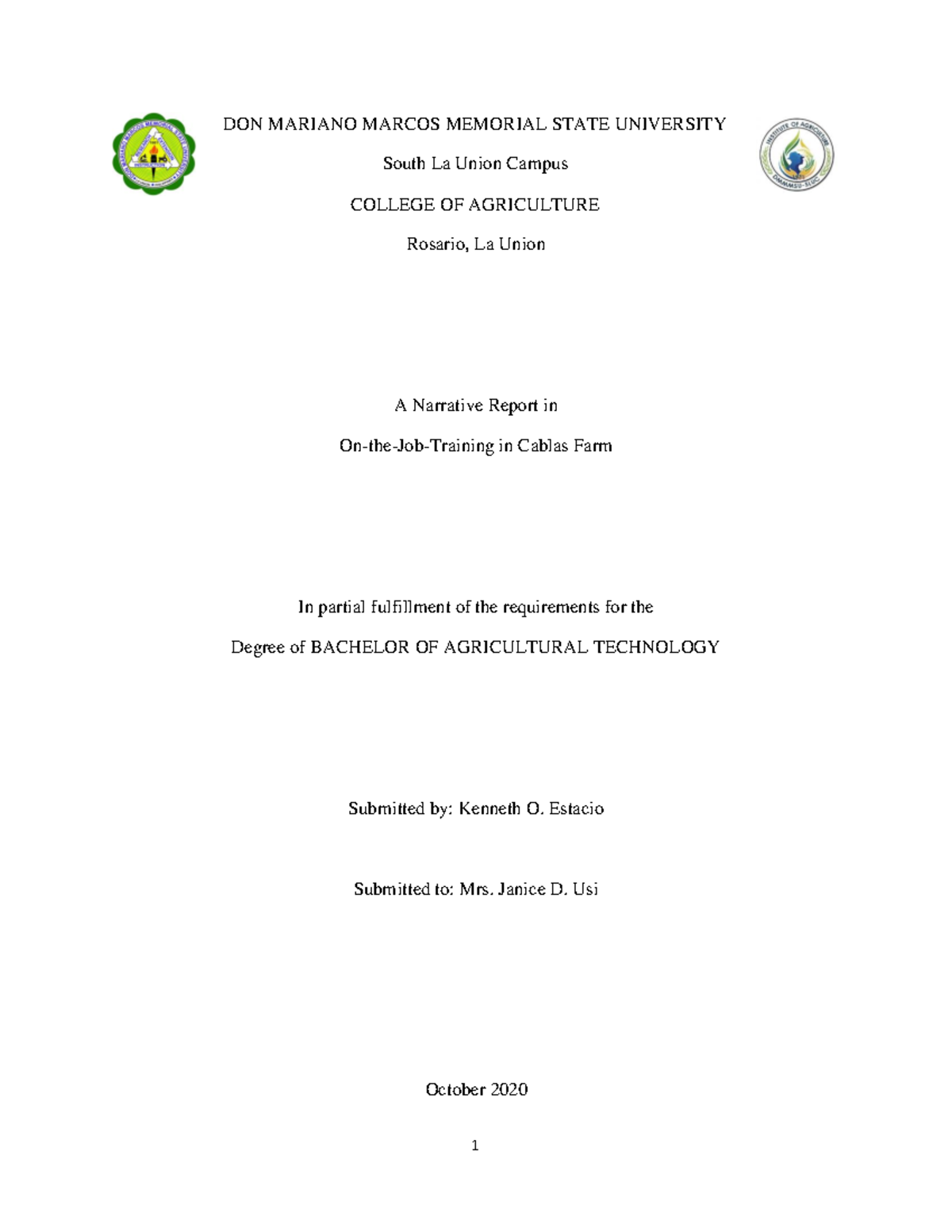 Sample narrative report - South La Union Campus COLLEGE OF AGRICULTURE ...