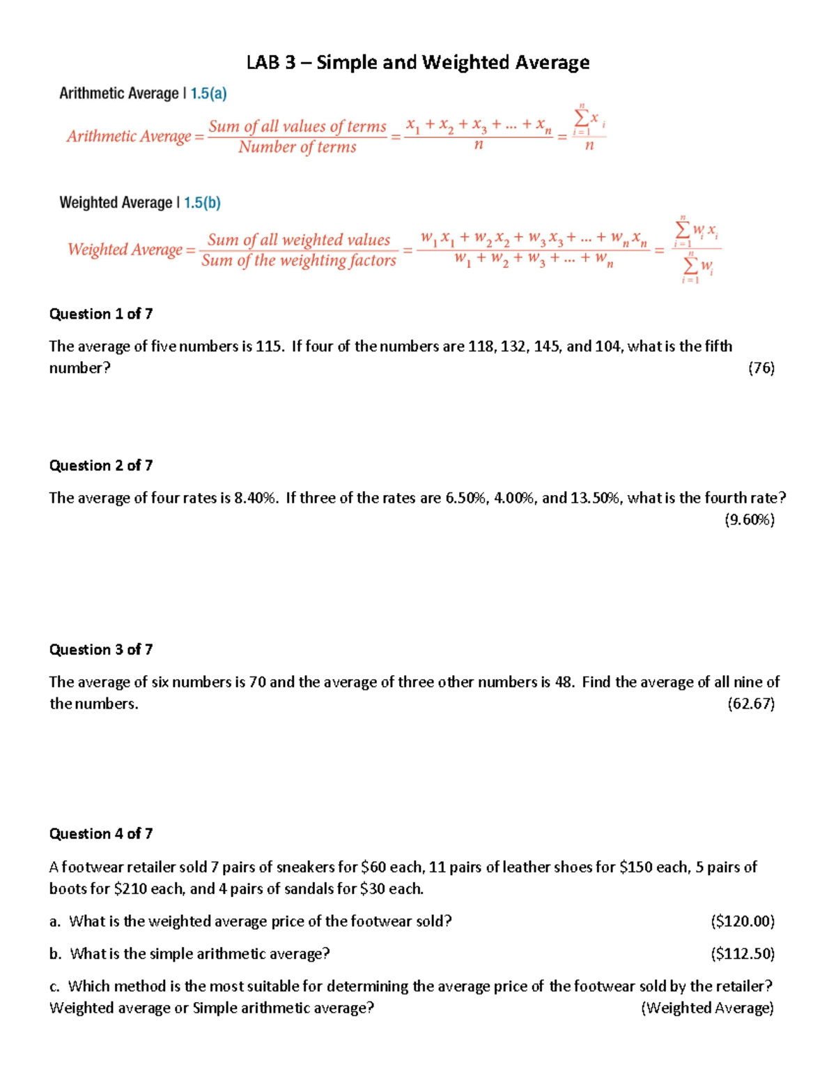 LAB 3 - Simple and Weighted Average - LAB 3 – Simple and Weighted ...