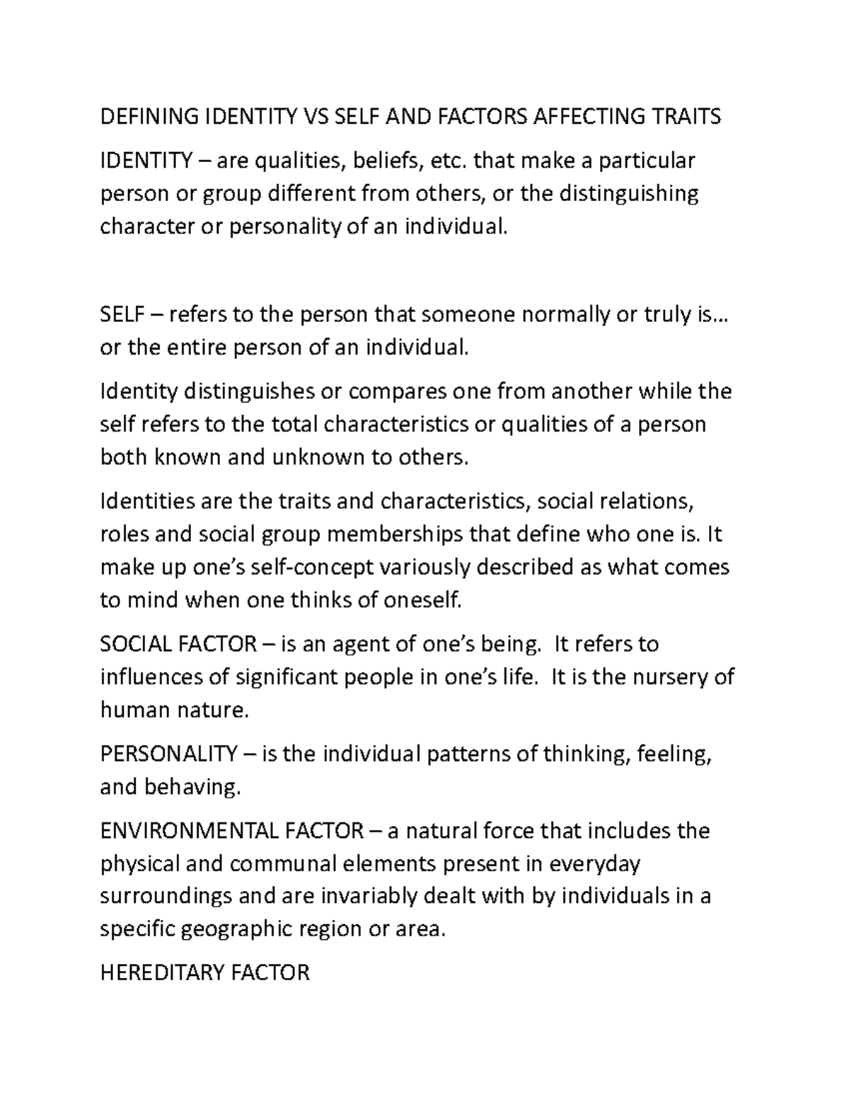 Defining Identity VS SELF - DEFINING IDENTITY VS SELF AND FACTORS ...