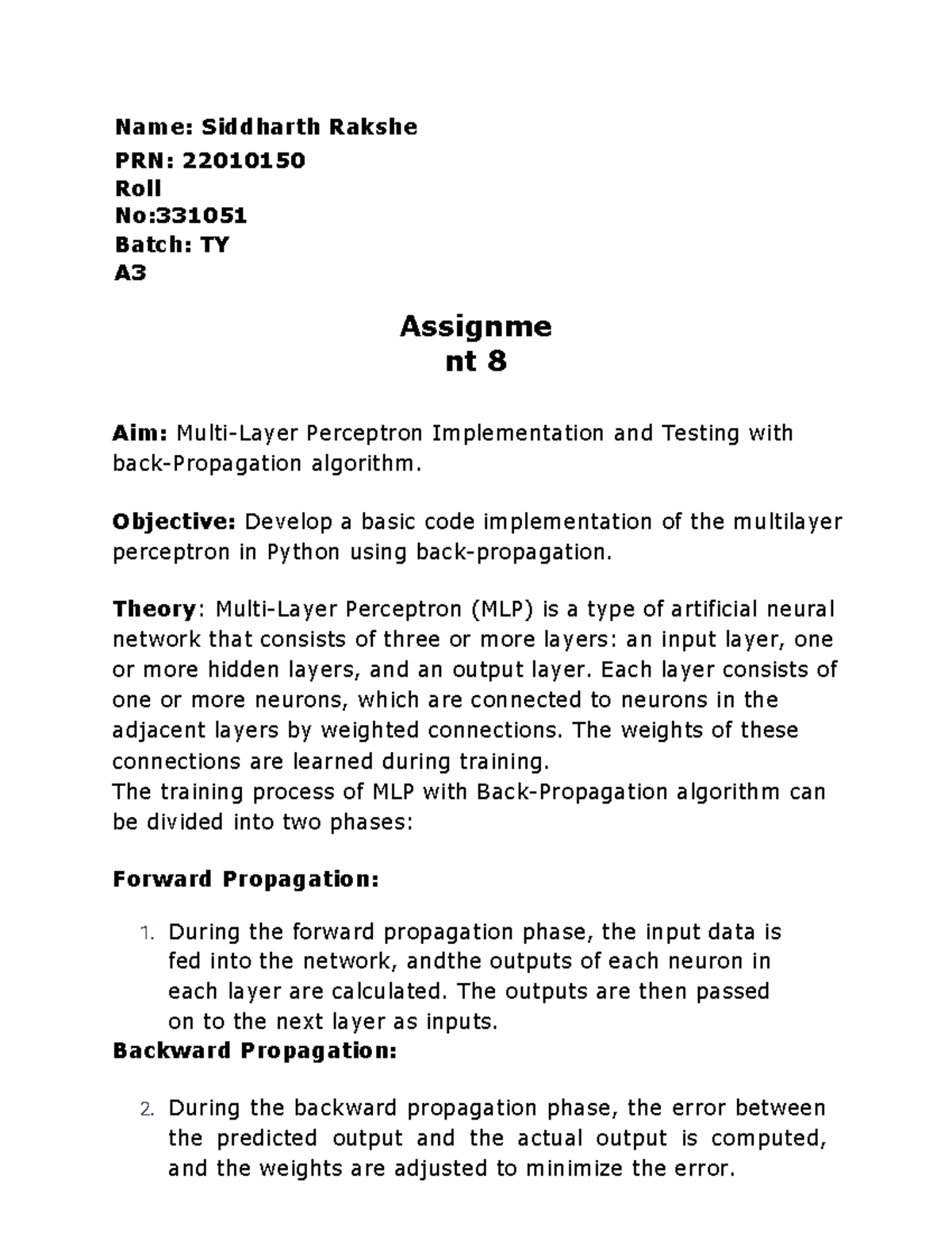 331051 Assignment 8 Ml Name Siddharth Rakshe Prn 22010150 Roll No Batch Ty A Assignme Nt 8