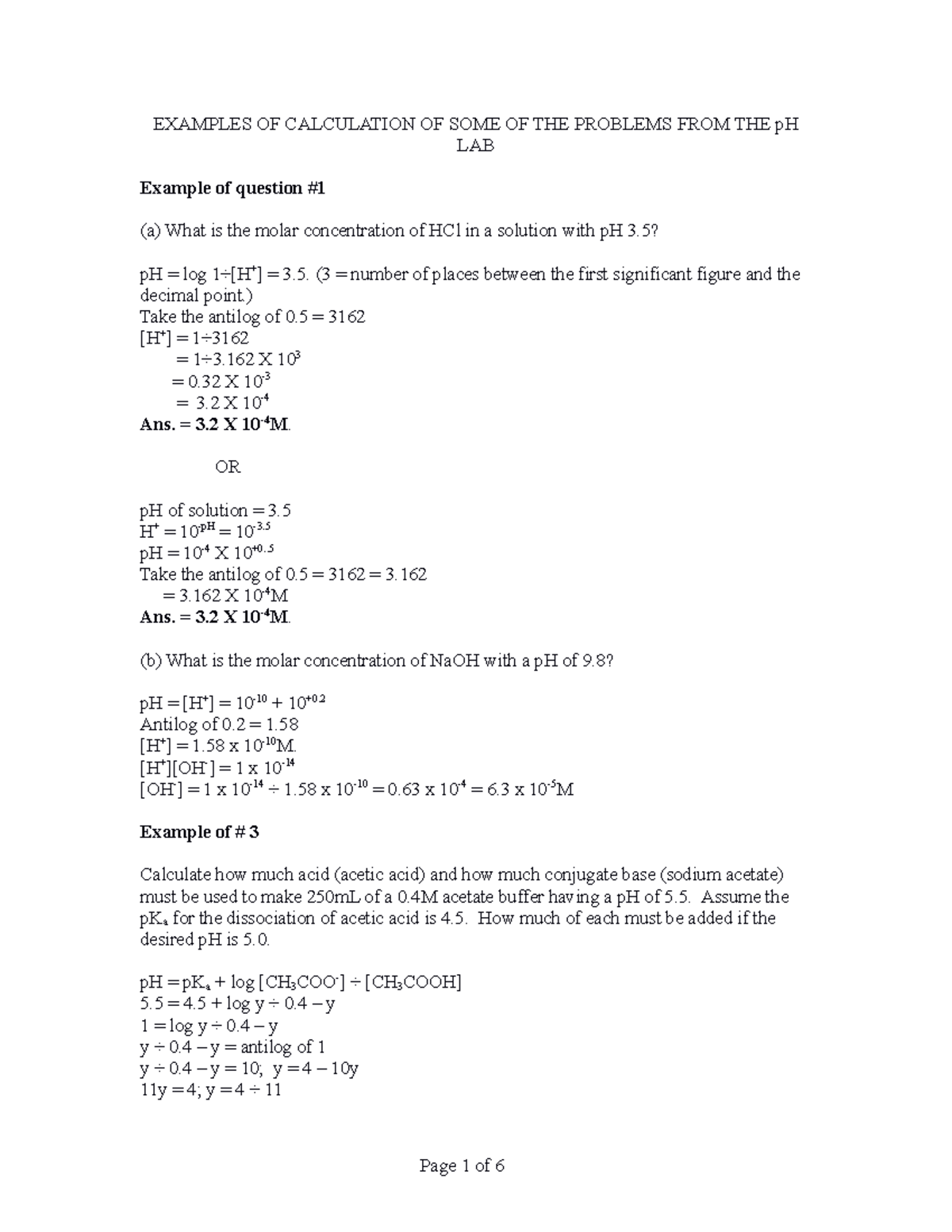 Examples OF Calculation OF SOME OF THE Problems FROM THE p H LAB ...