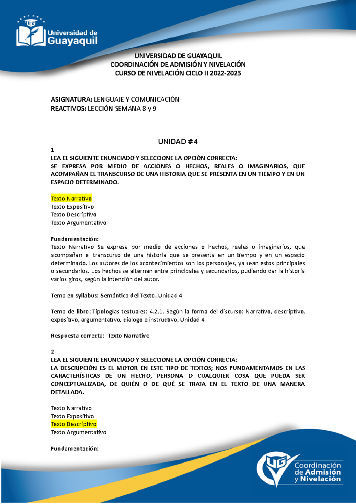 Leccion semana 8 lenguaje nivelacion - UNIVERSIDAD DE GUAYAQUIL ...