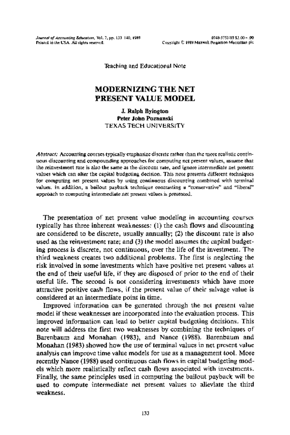 Modernizing the net present value model - Journal of Accounting Education, Vol. 7. pp. 133-140 ...