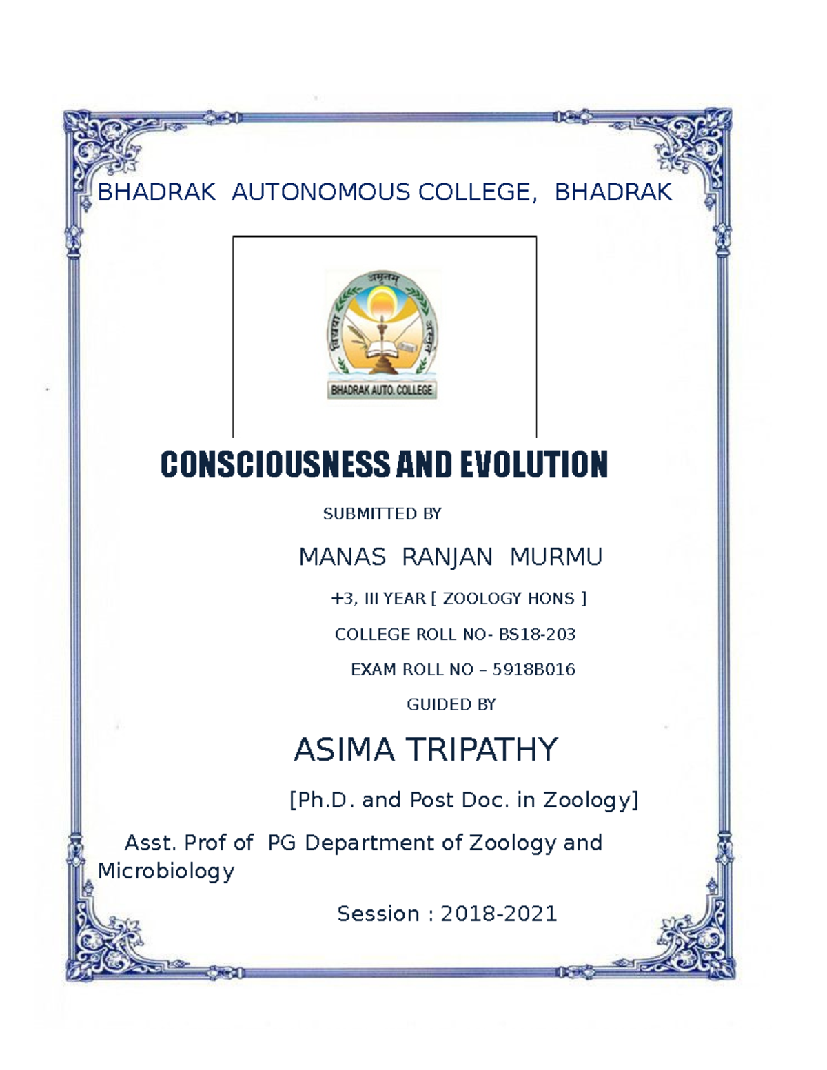Consciousness and evolution - BHADRAK AUTONOMOUS COLLEGE, BHADRAK ...