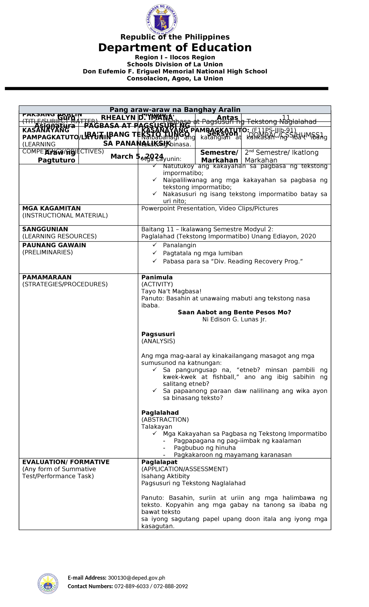 Modyul 3 - lesson plan for Tekstong Paglalahad - Department of ...