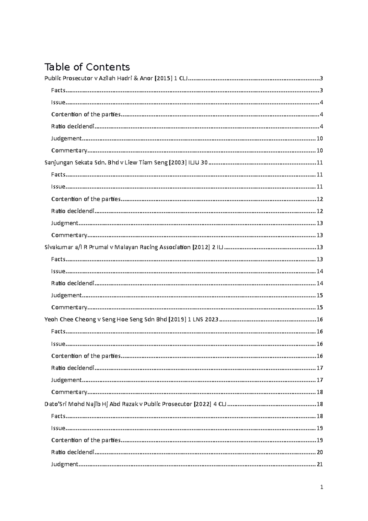 CASE Review OF 5 CASES - Table of Contents Public Prosecutor v Azilah ...