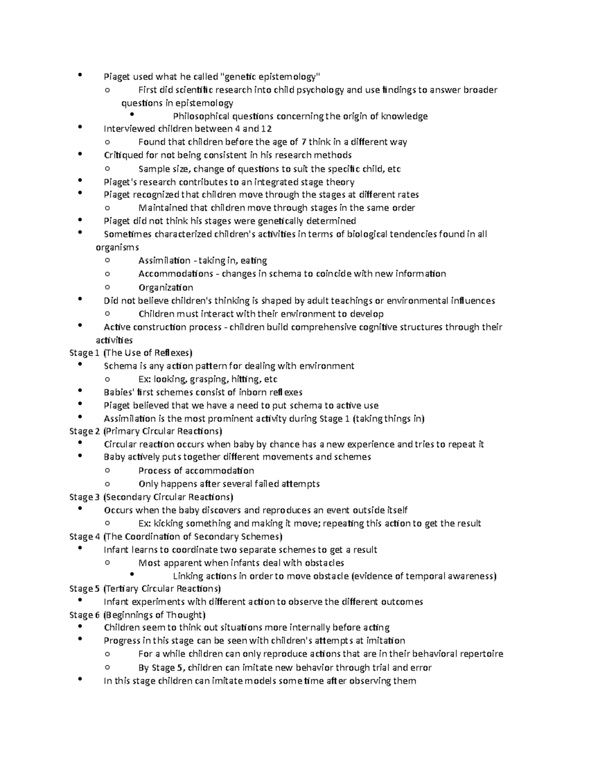 Piaget - Lecture notes 10 - Piaget used what he called "genetic ...